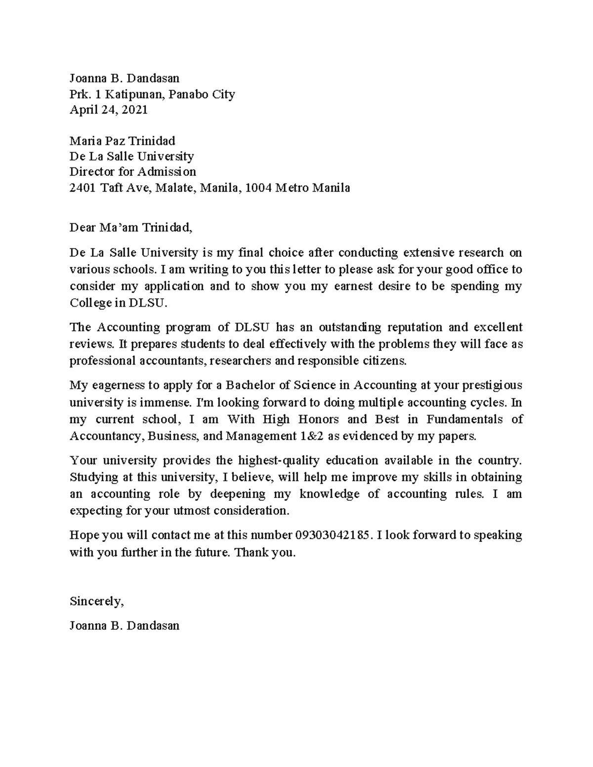 College Admission Application Letter - Joanna B. Dandasan Prk. 1 ...