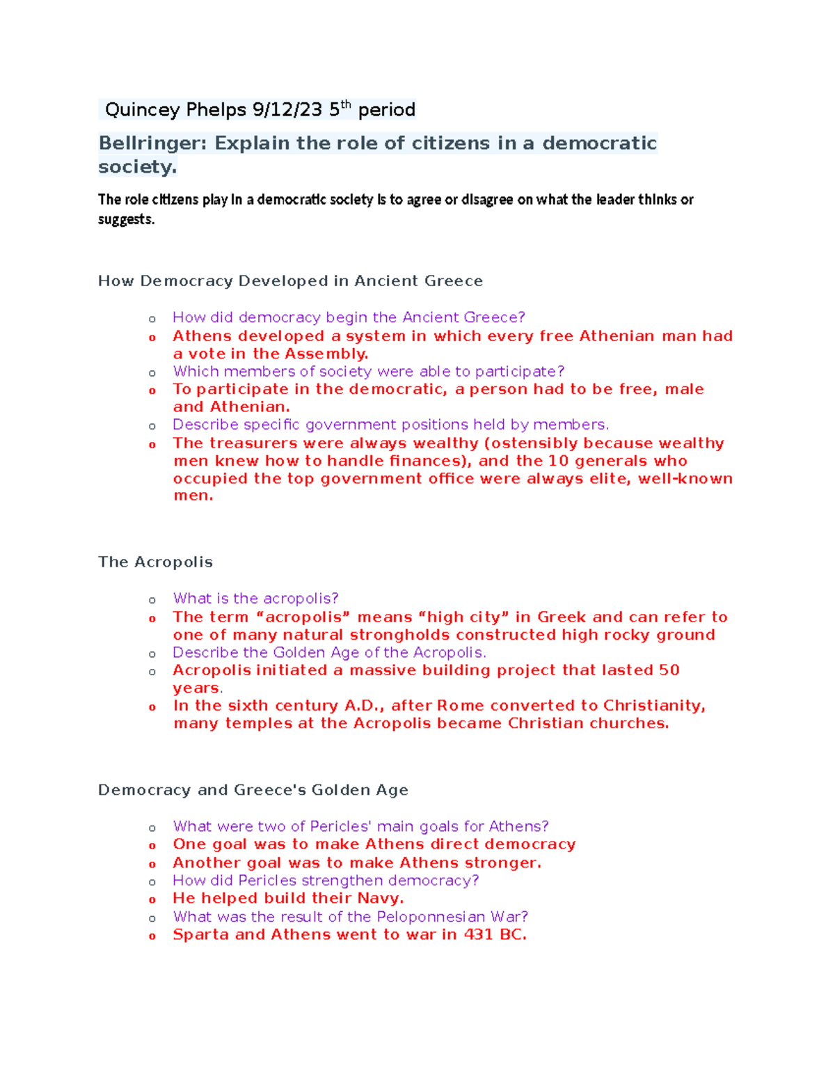 Bellringer + Mini lesson 9-12-23 - Quincey Phelps 9/12/23 5 th period ...