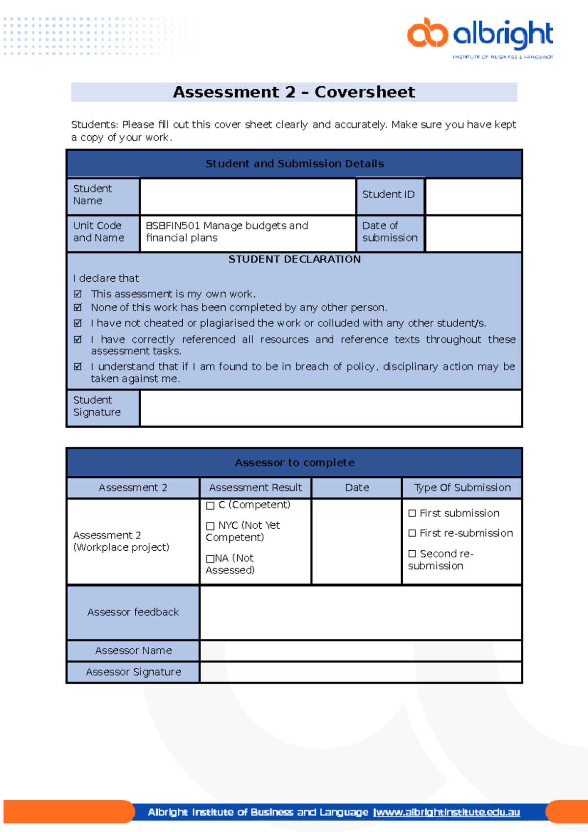 Bsbfin 501 Assessment 2 (Word Version)Assessment 2 - Assessment 2 – Coversheet Students: Please ...