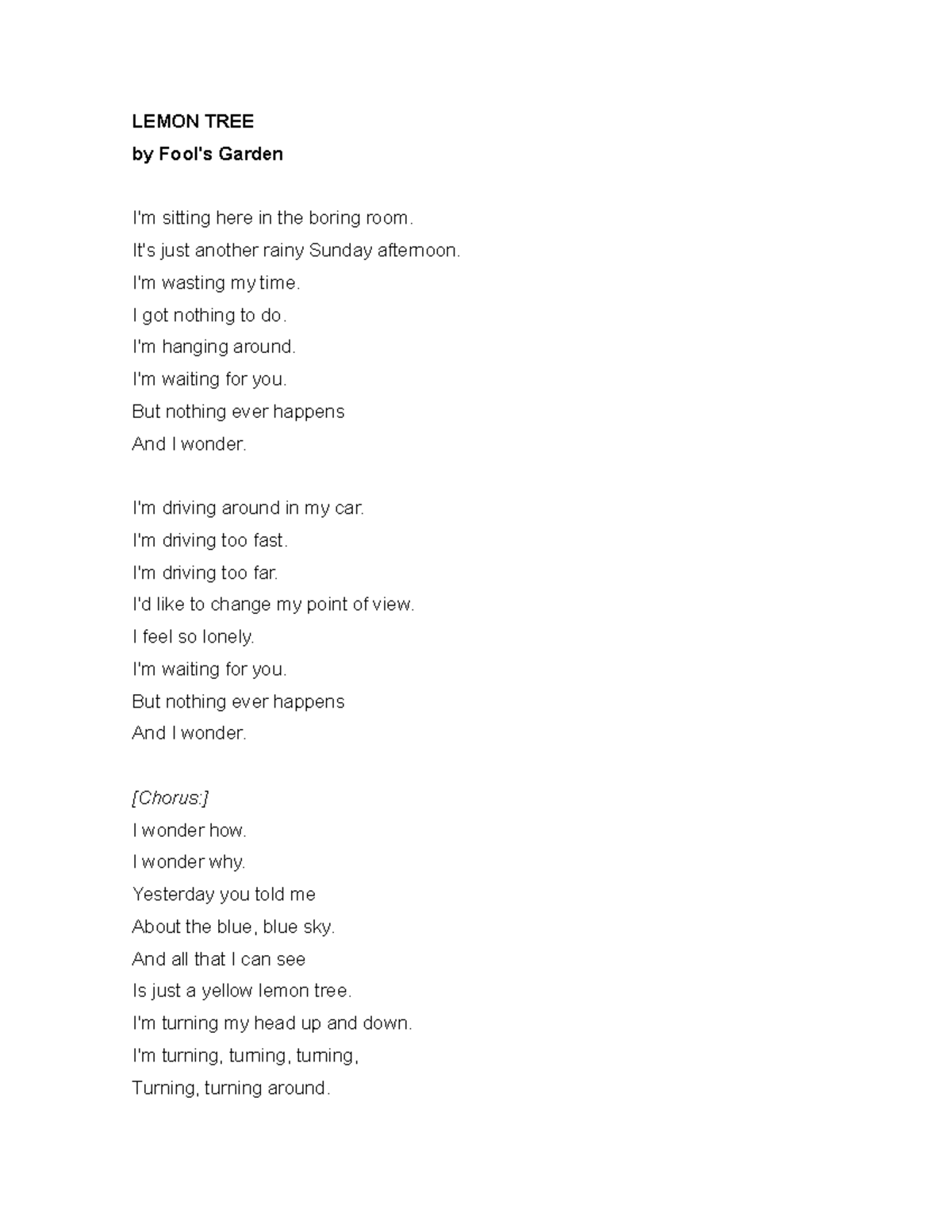 Lemon TREE - ingles - LEMON TREE by Fool's Garden I'm sitting here in ...