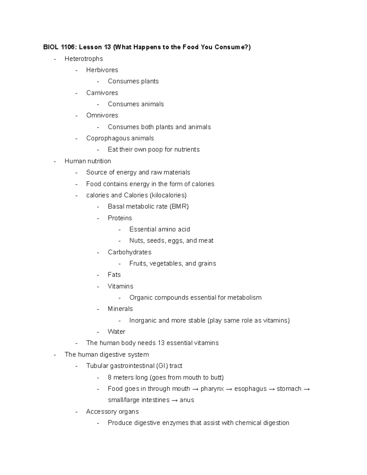 Biology 1106 Lesson 13 (What happens to the food you consume ) - BIOL ...