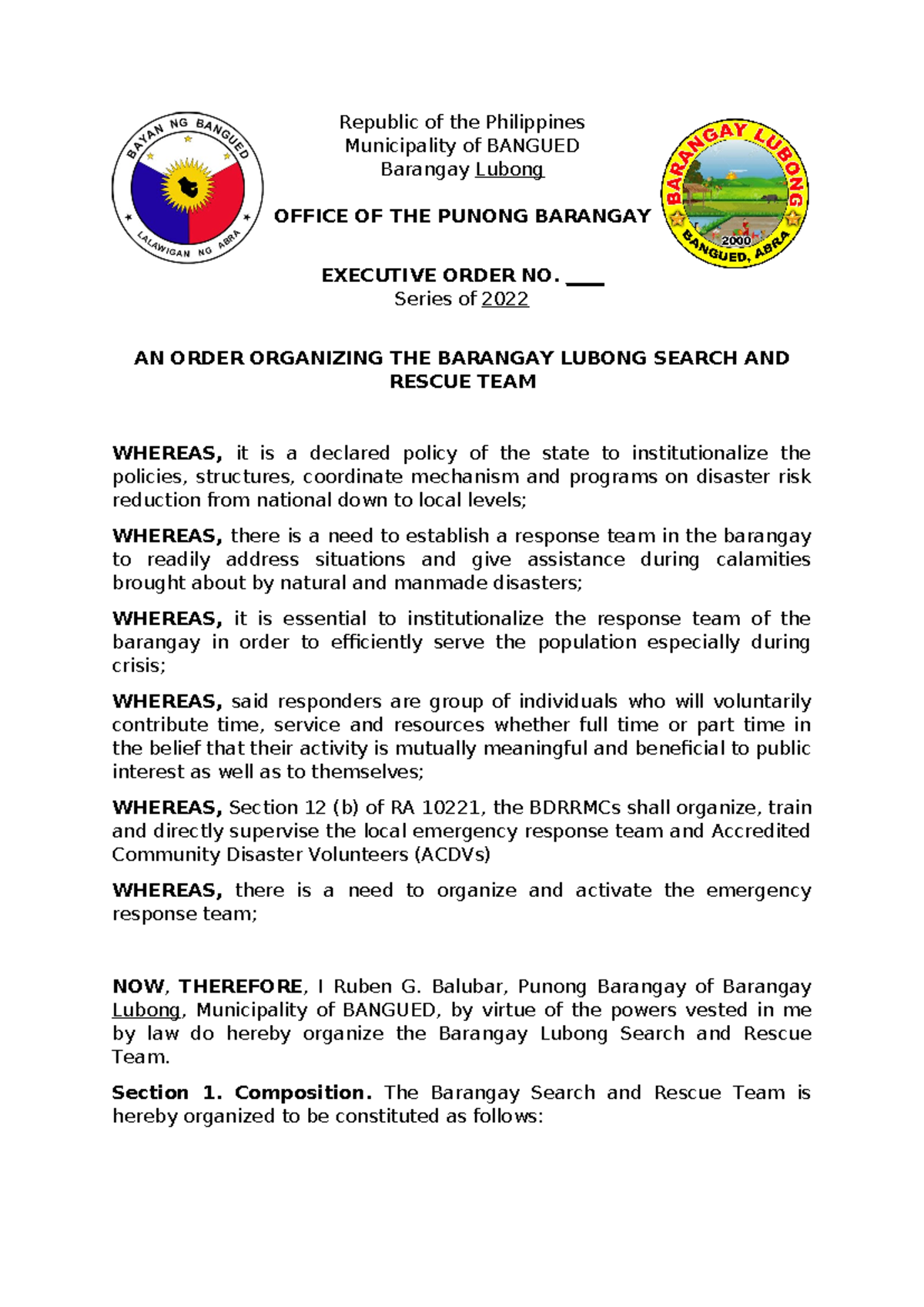 EO Search and Rescue Team - Republic of the Philippines Municipality of ...