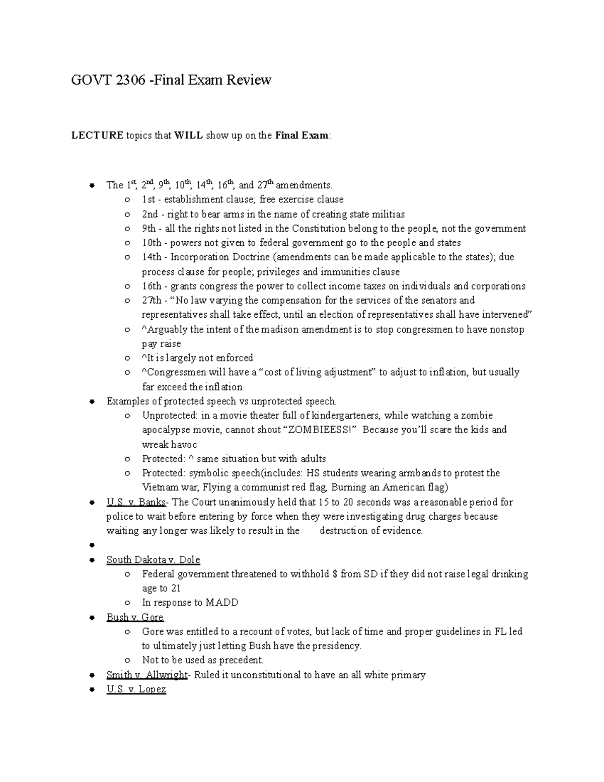 Govt 2306 Final Exam Review - GOVT 2306 -Final Exam Review LECTURE ...