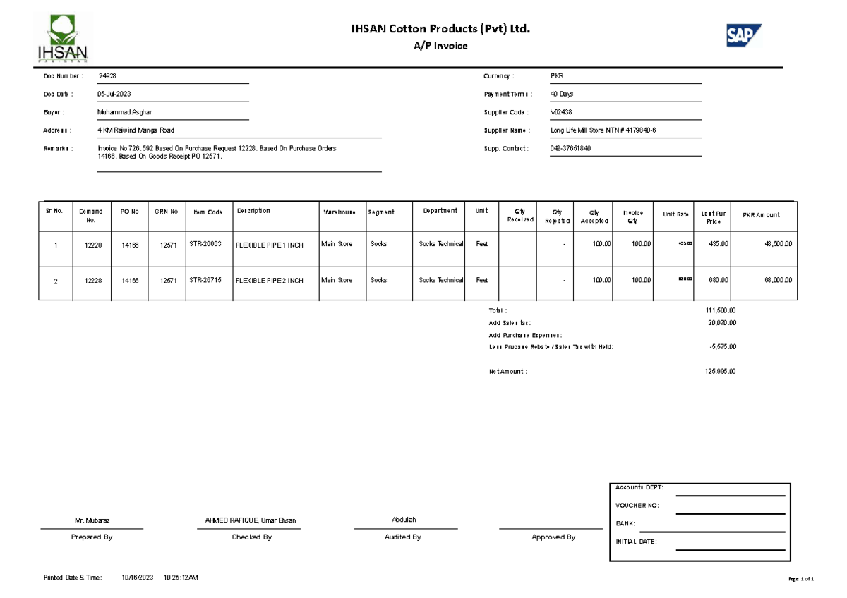 AP Invoice v1 - jkj - IHSAN Cotton Products (Pvt) Ltd. A/P Invoice ...