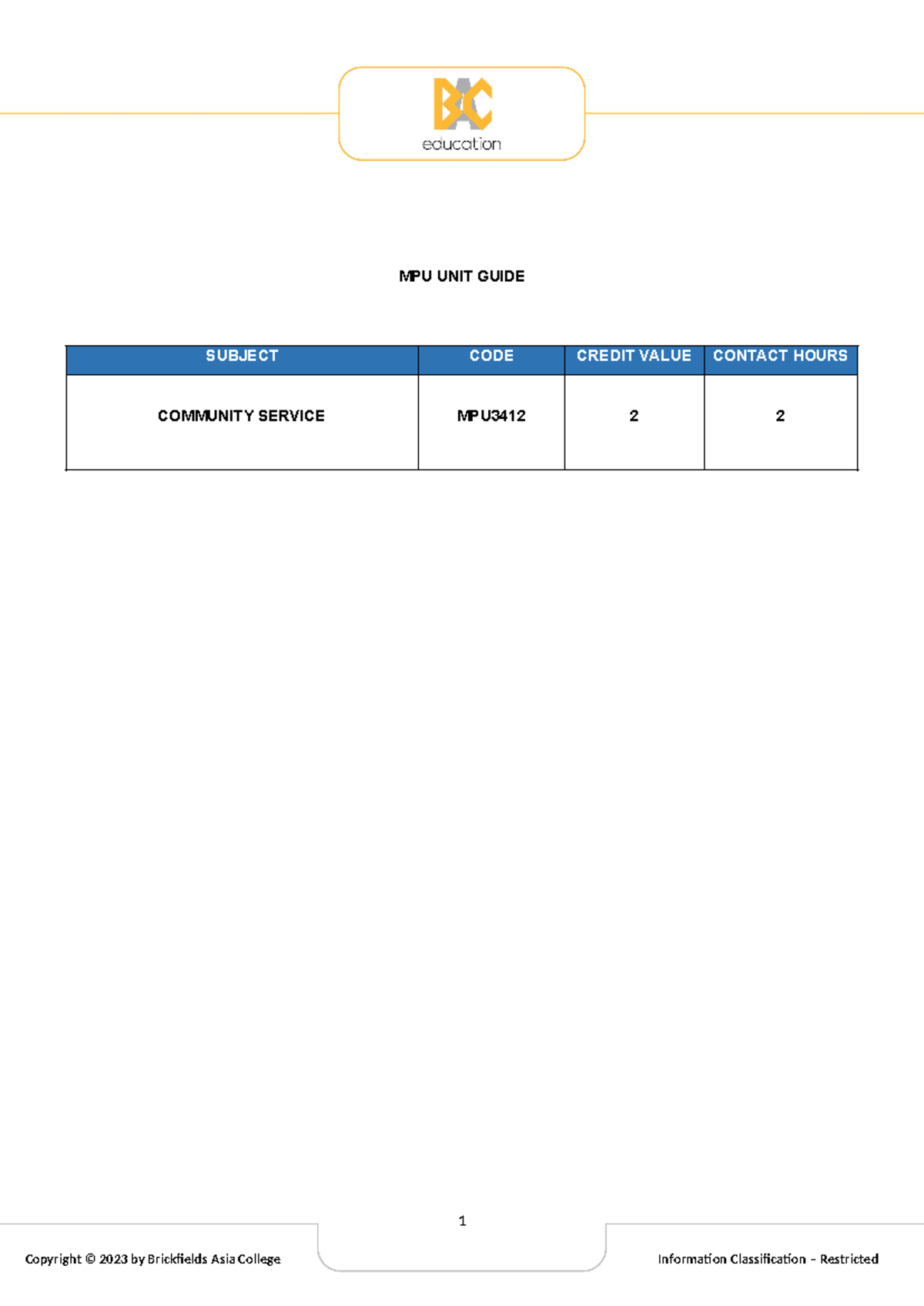 Community Service Unit Guide Apr24 UKT - MPU UNIT GUIDE SUBJECT CODE ...