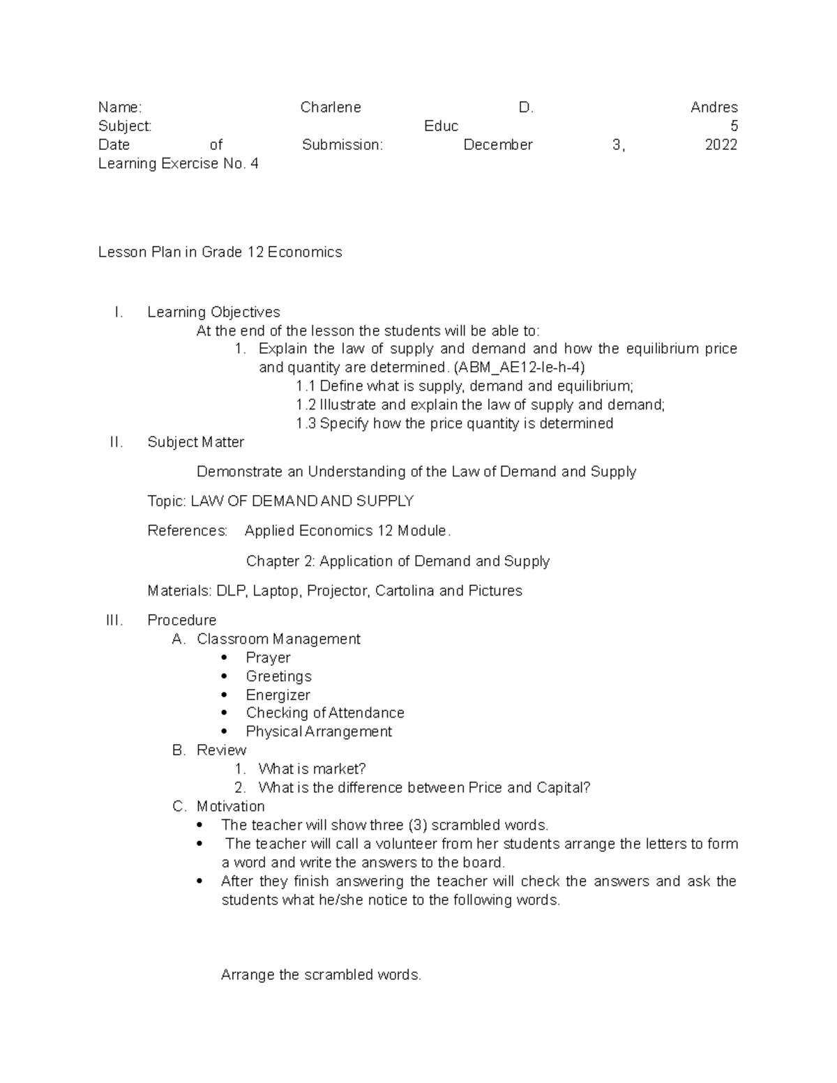 Lesson plan economics - Name: Charlene D. Andres Subject: Educ 5 Date ...