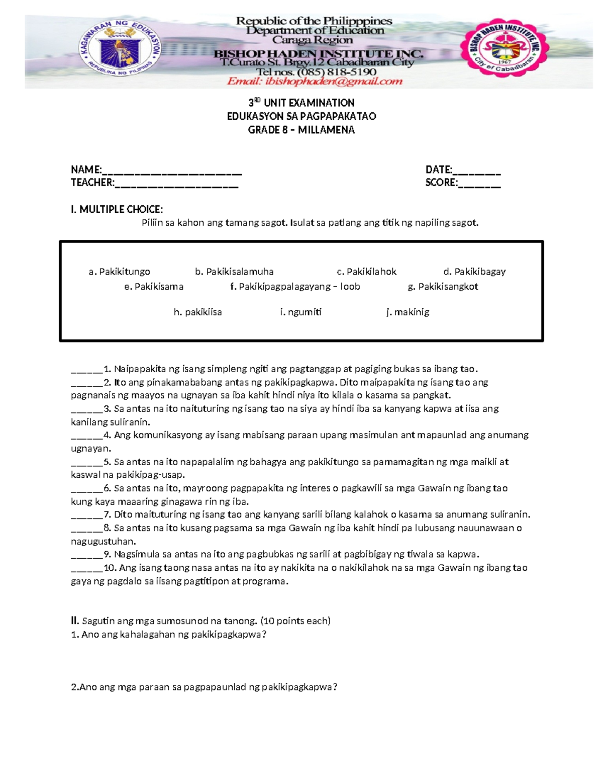 G8 esp 3rd unit exam - hello hoping to help this note - 3 RD UNIT ...