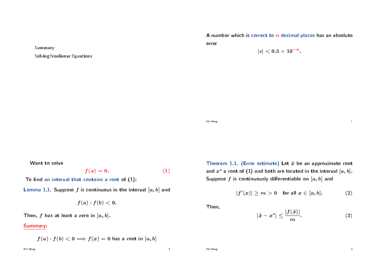 Summary of Numerical Methods - Summary Solving Nonlinear Equations A ...