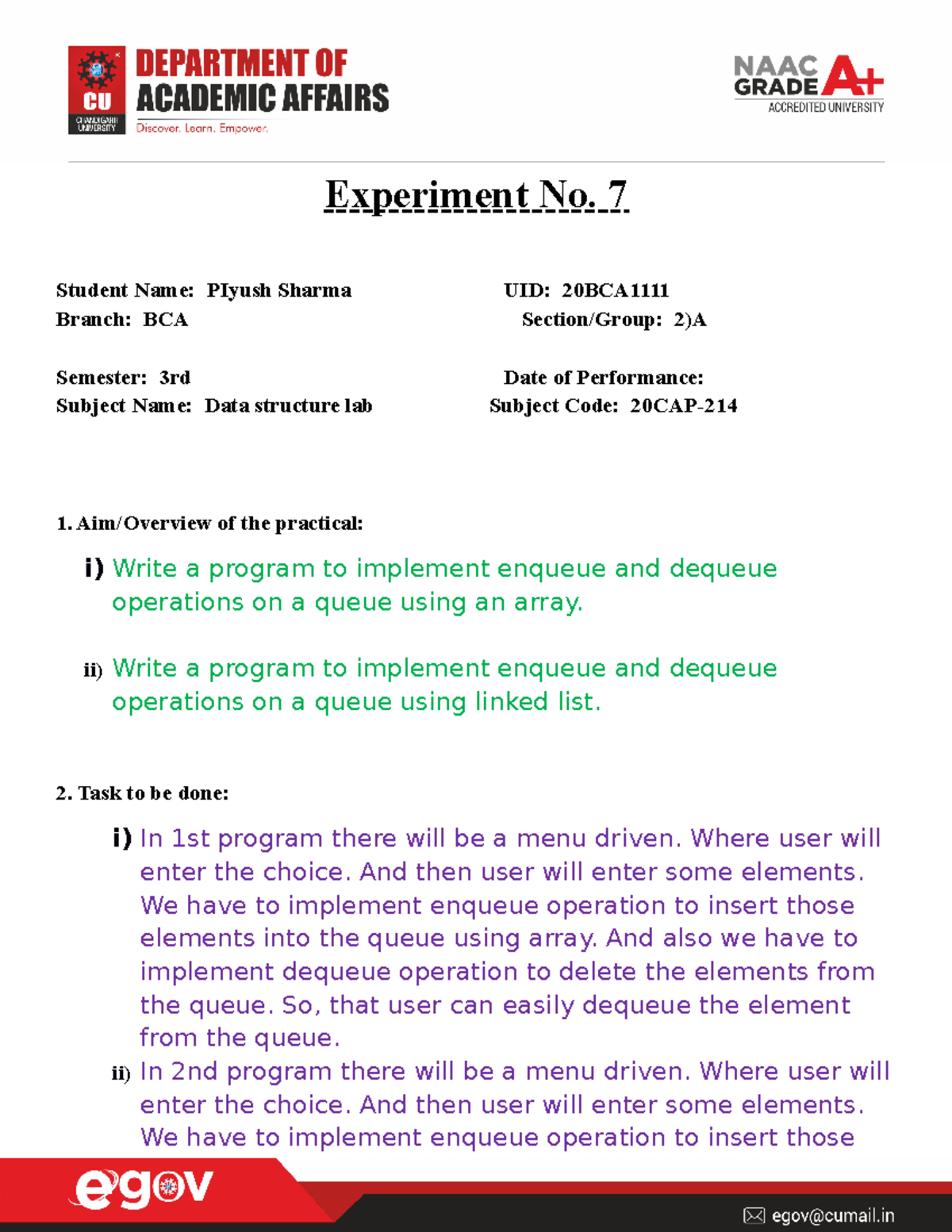 Ds Practical 7 - Nice - Bachelors of Computer Applications - Studocu