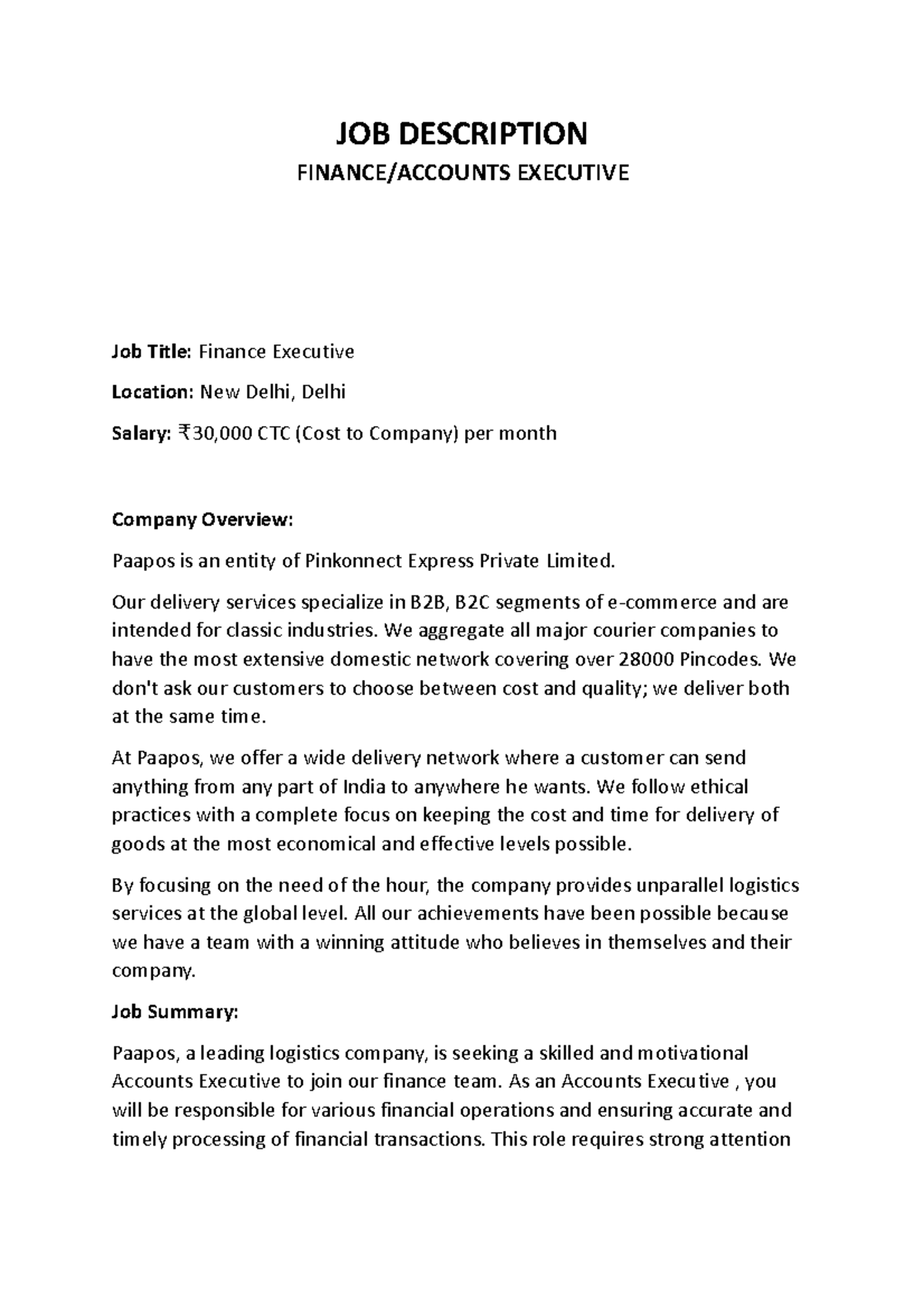 JD Finance Executive - This is a practical exercise on how to write JD ...