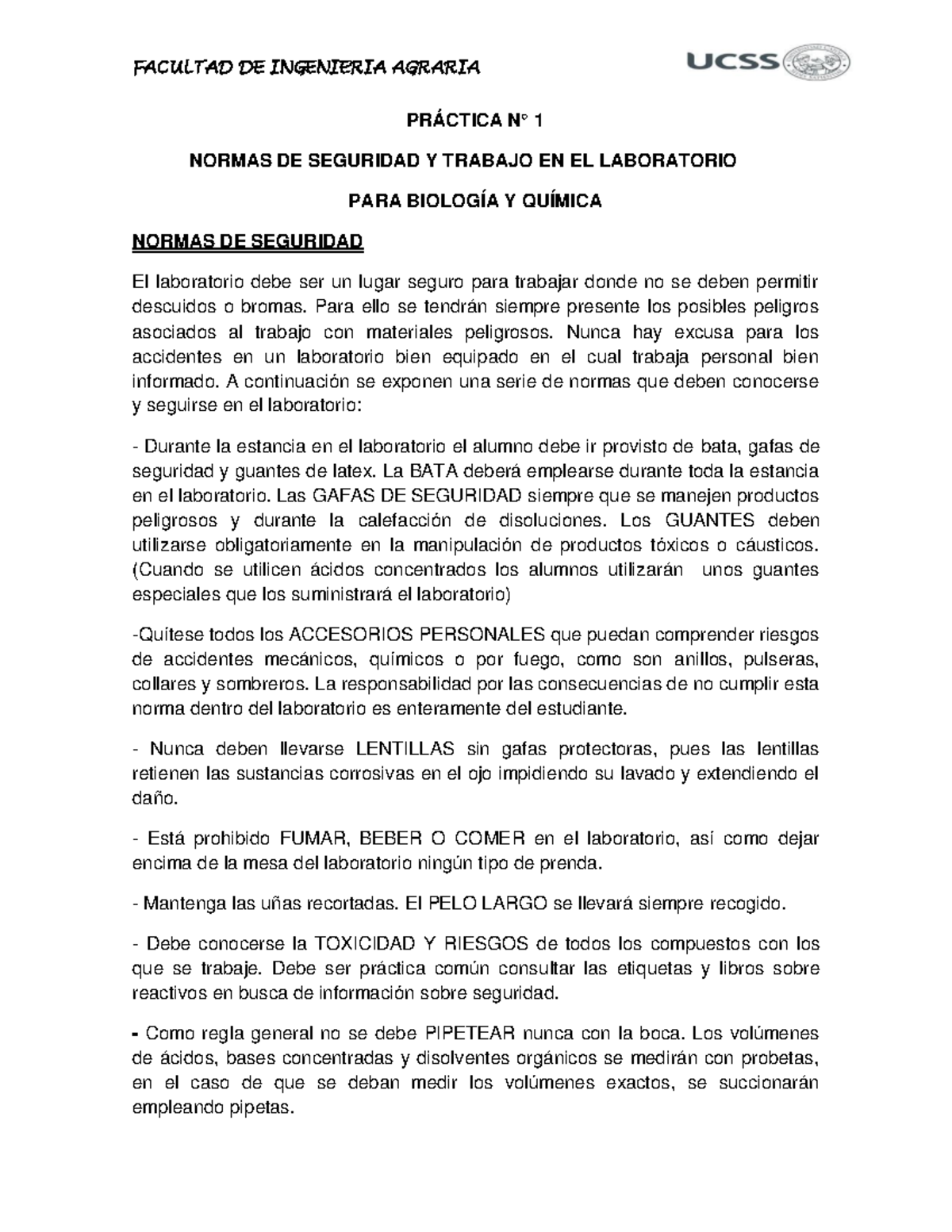 Práctica 1 Seguridad - work - PRÁCTICA N° 1 NORMAS DE SEGURIDAD Y TRABAJO EN EL LABORATORIO PARA ...