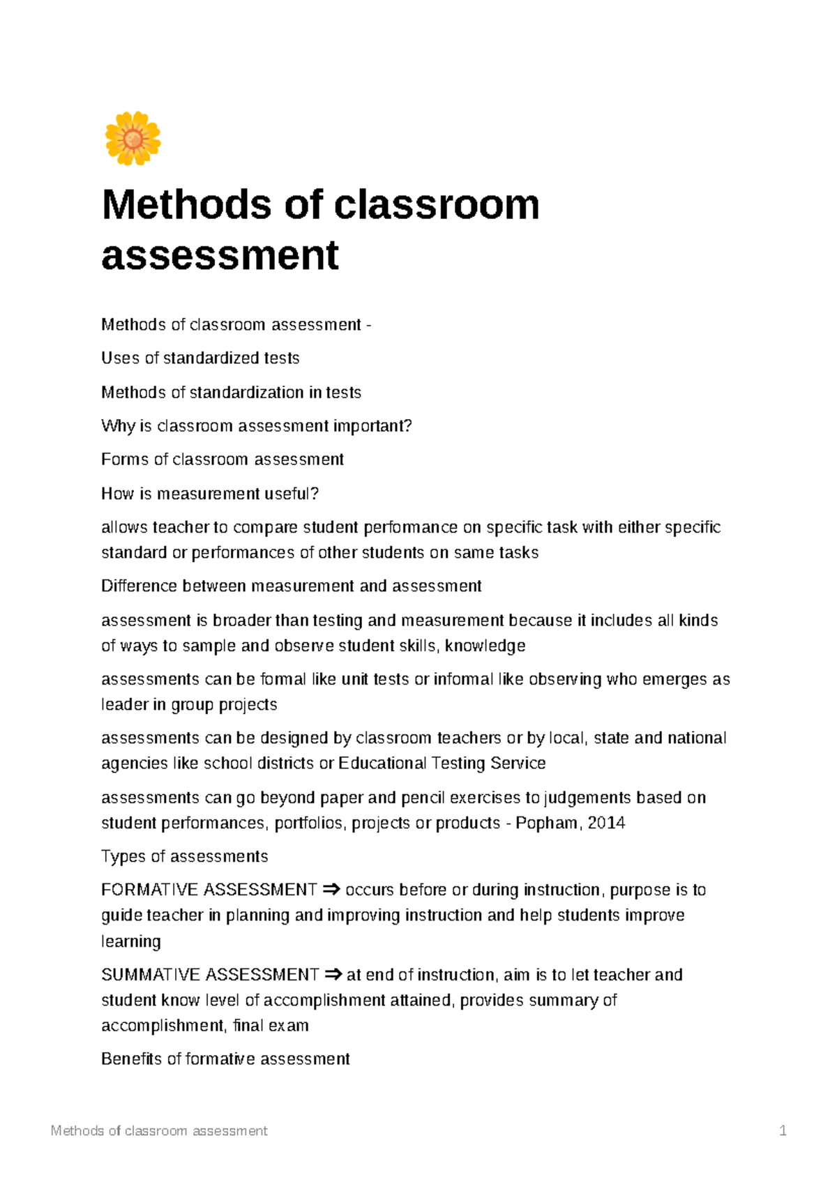 Methods of classroom assessment - Studocu