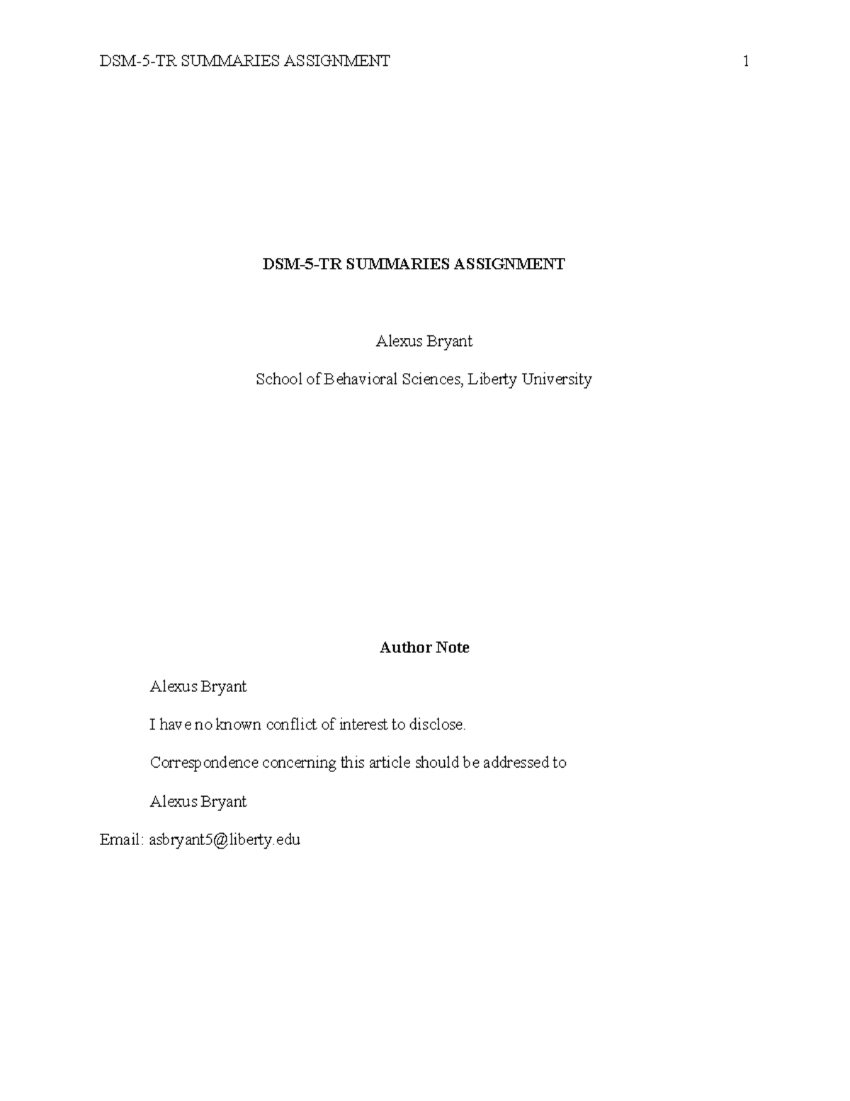case study documentation assignment - DSM-5-TR SUMMARIES ASSIGNMENT Alexus Bryant School of ...