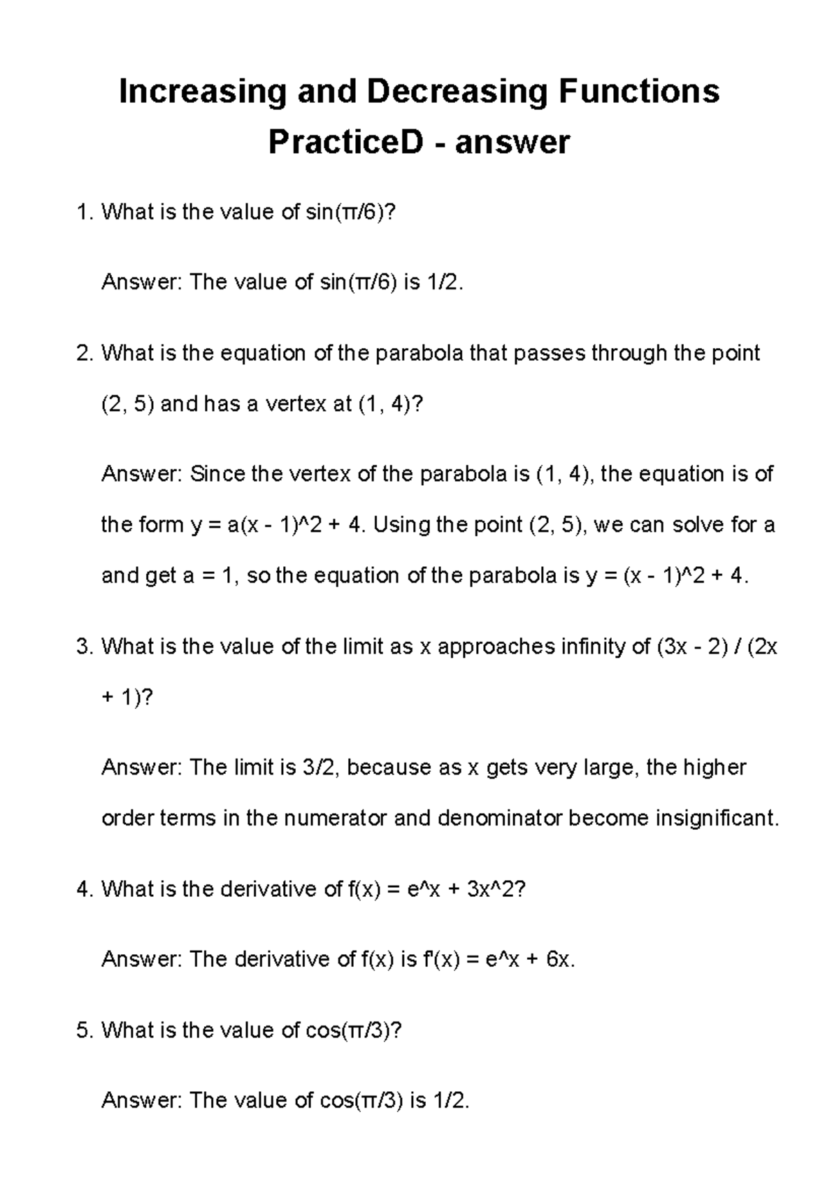 Increasing And Decreasing Functions Practice D Answer Increasing