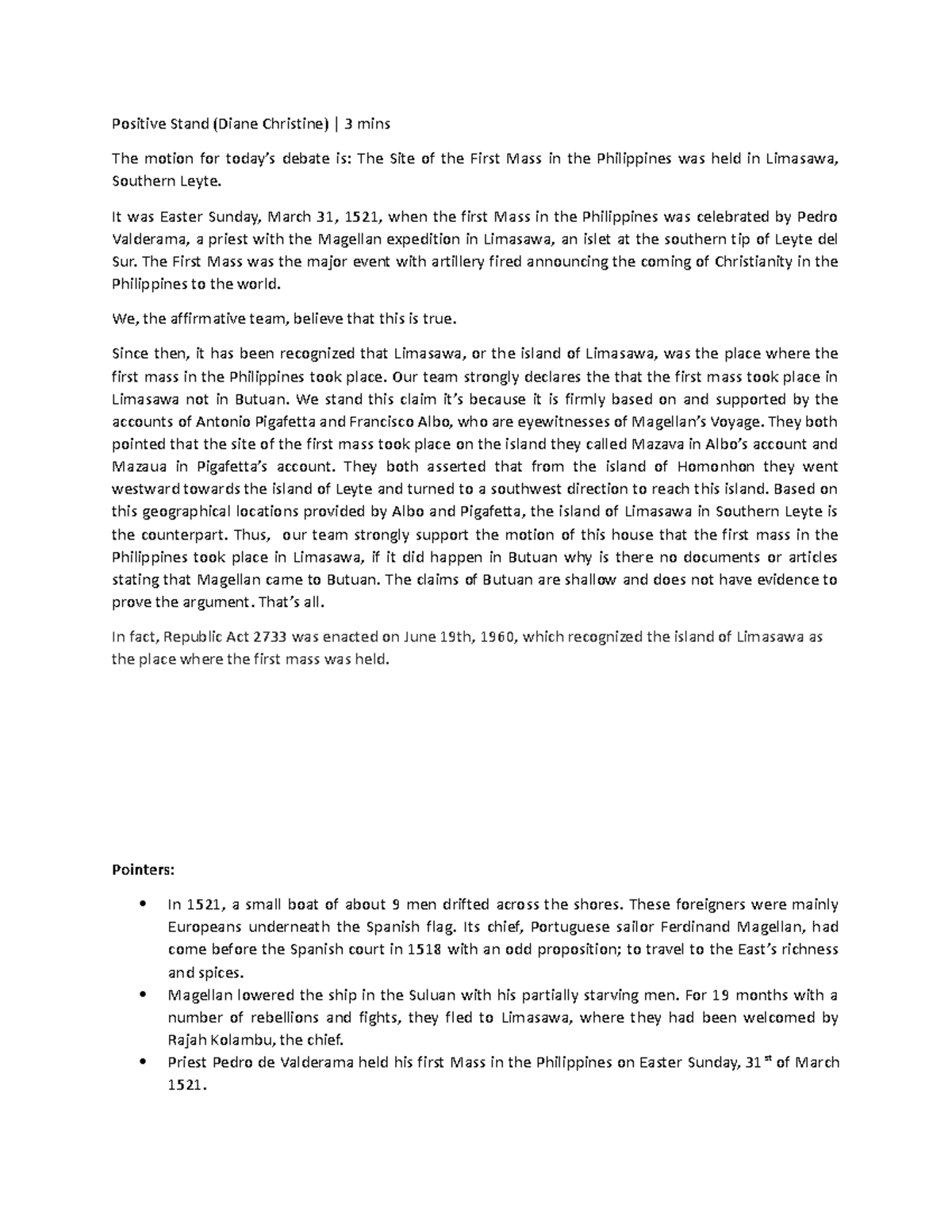 Debate for limasawa or butuan - Positive Stand (Diane Christine) | 3 ...