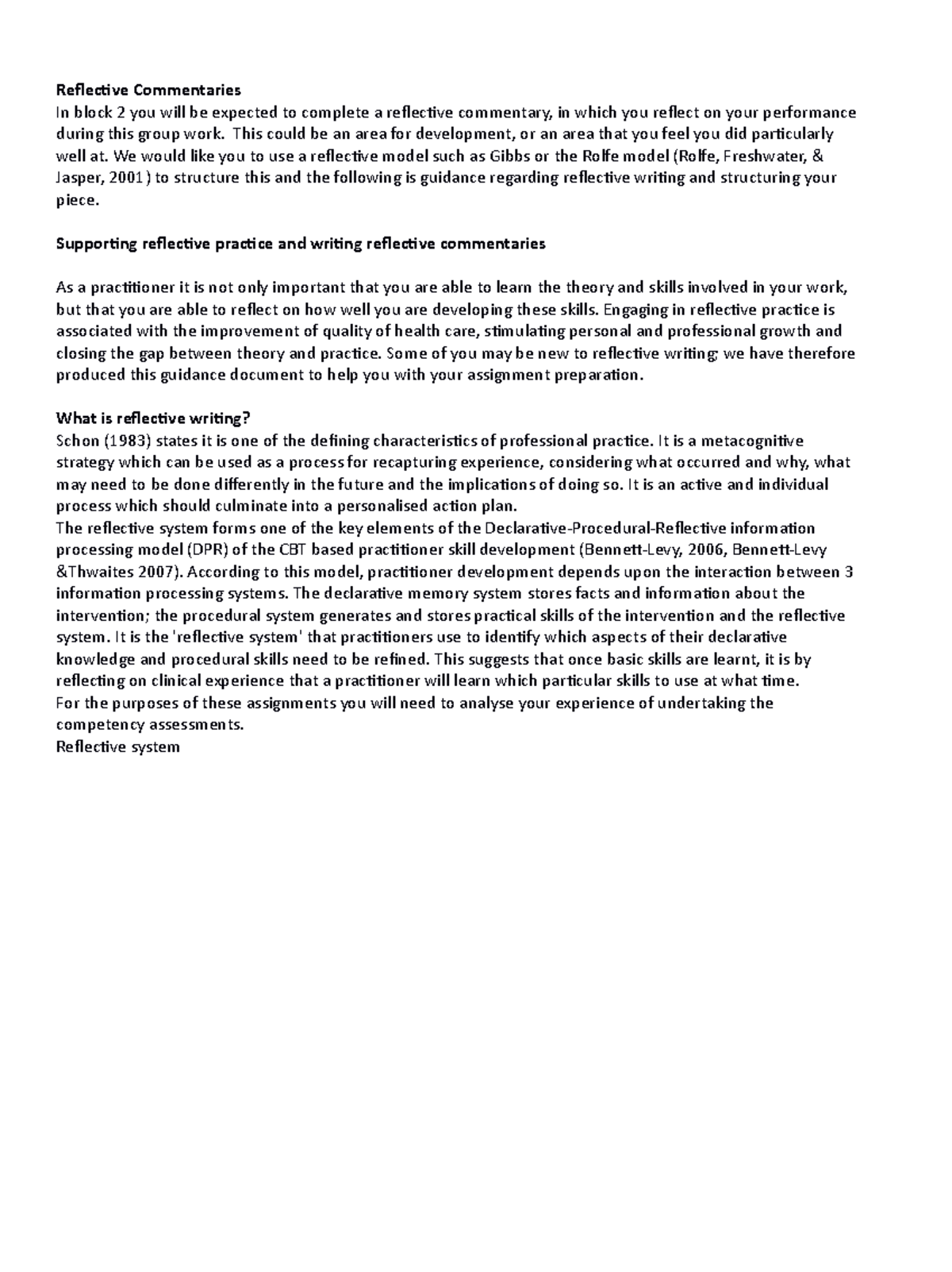 Reflective essay guidance - Reflective Commentaries In block 2 you will ...