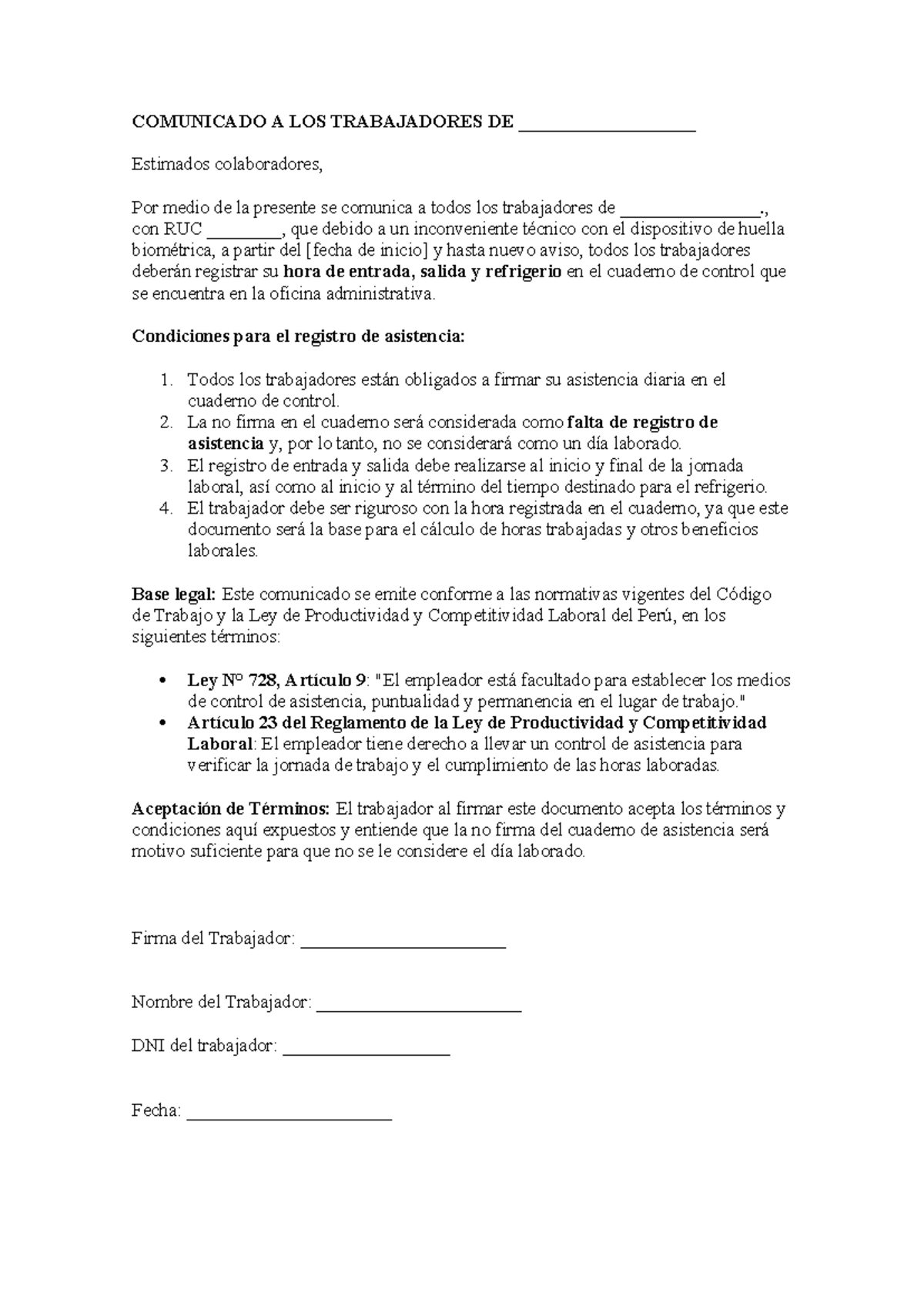 EJEMPLO DE ANUNCIO LABORAL - COMUNICADO A LOS TRABAJADORES DE ...
