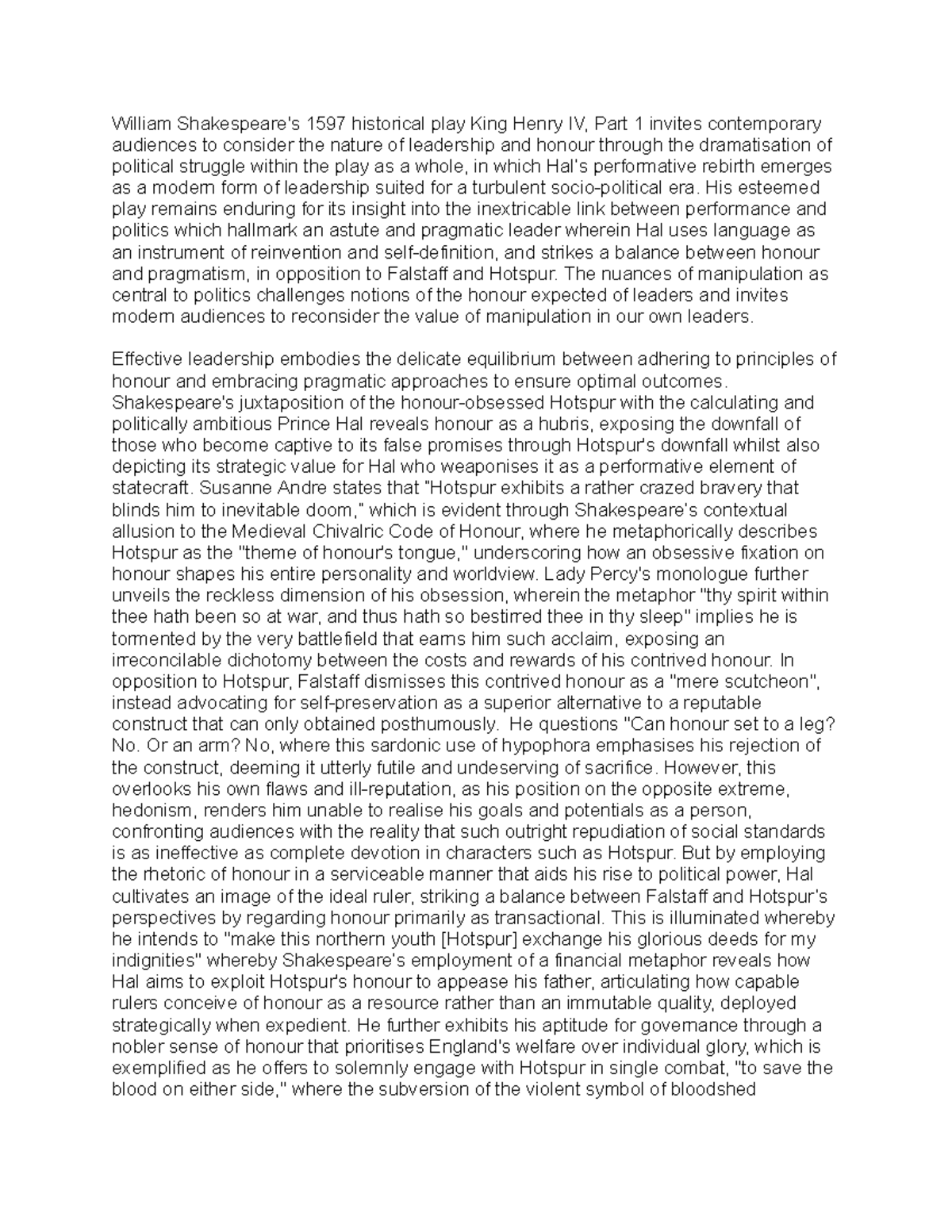 King Henry IV essay - William Shakespeare's 1597 historical play King ...