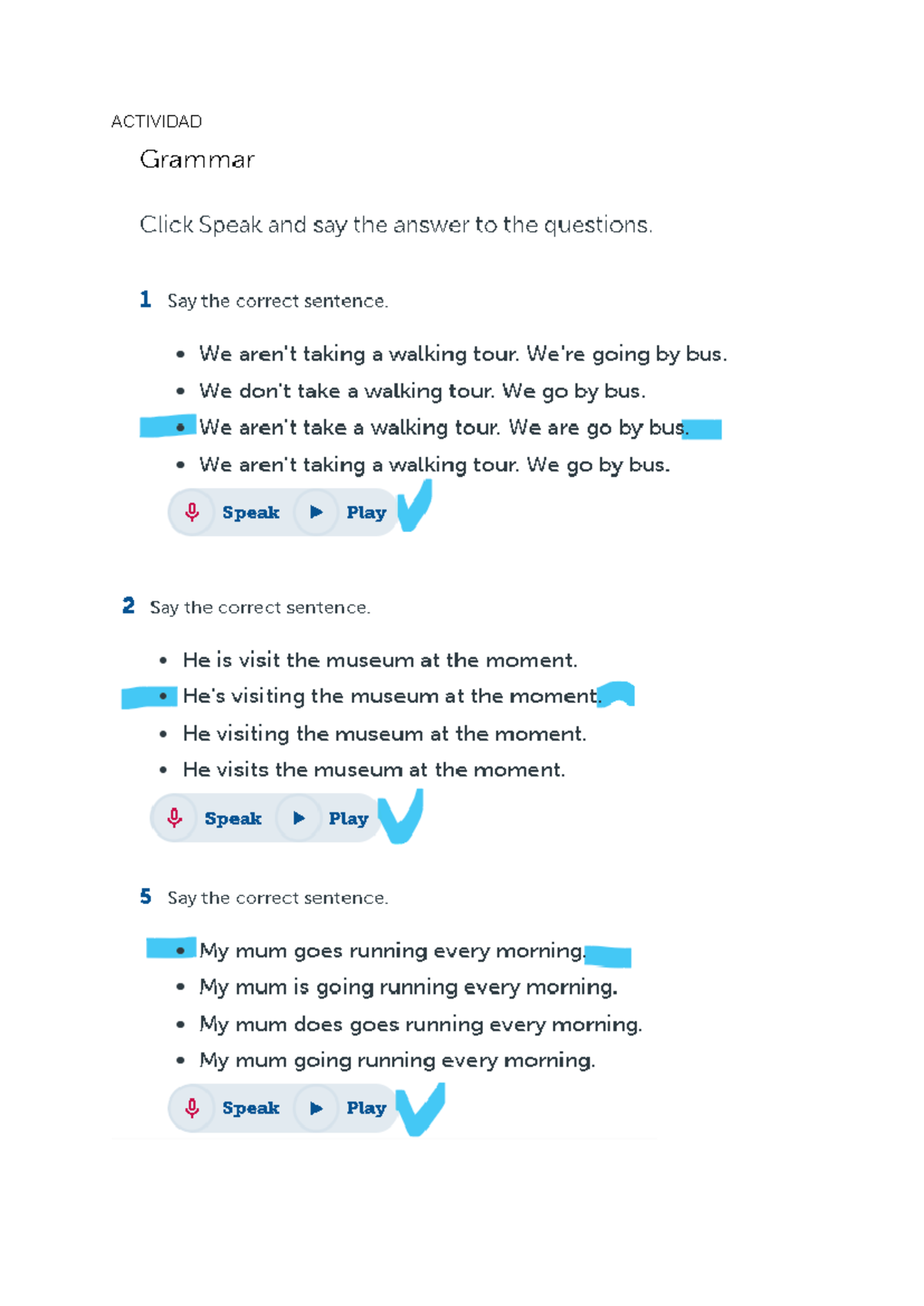 Actividad Unidad 4 - test - ACTIVIDAD Grammar Click Speak and say the ...
