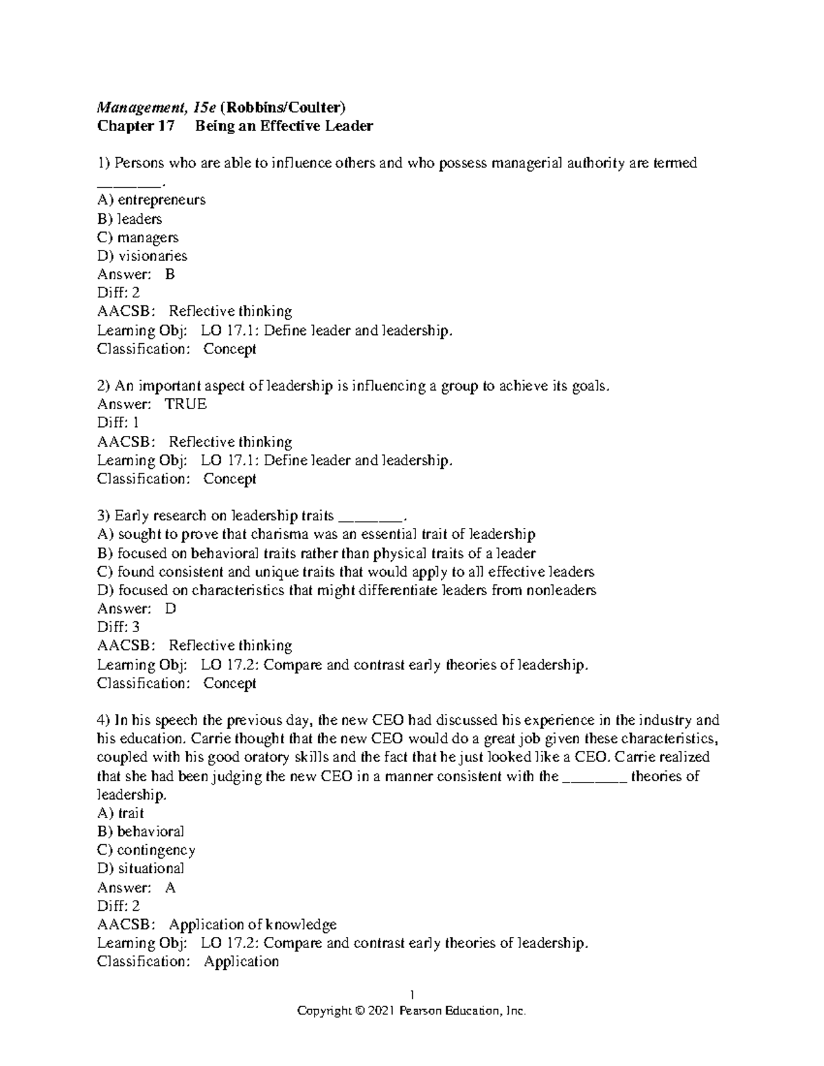 Management Chapter 17 Question Bank - 1 Management, 15e (Robbins ...