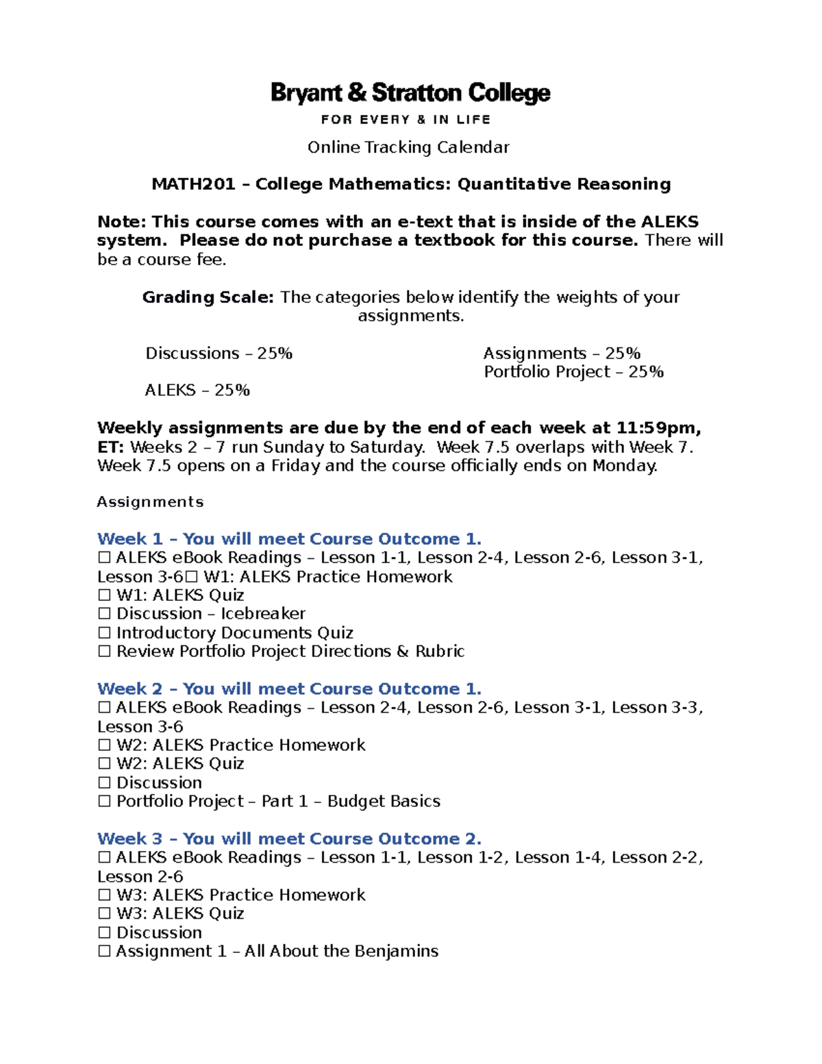 MATH201 - Tracking Calendar (with Aleks) - Online Tracking Calendar ...