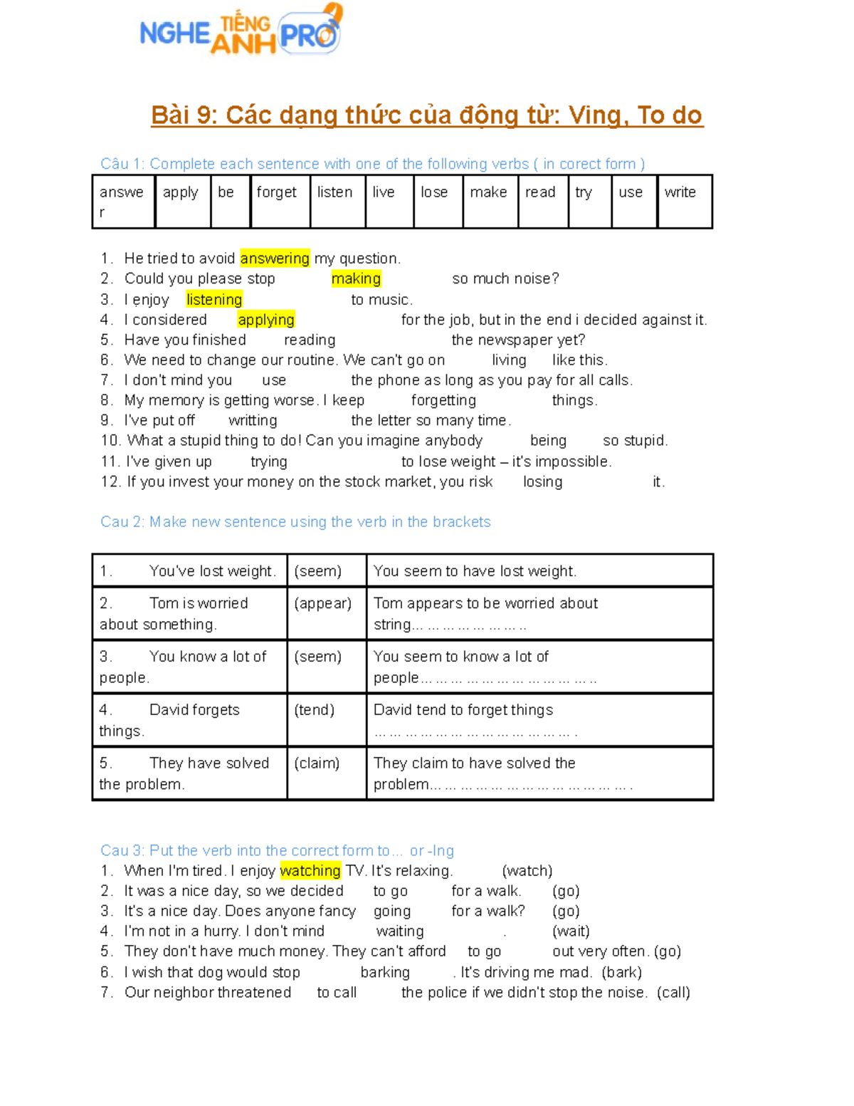 Bài 9 - Các dạng thức của động từ Ving, To do - Bài 9: Các dạng thức ...