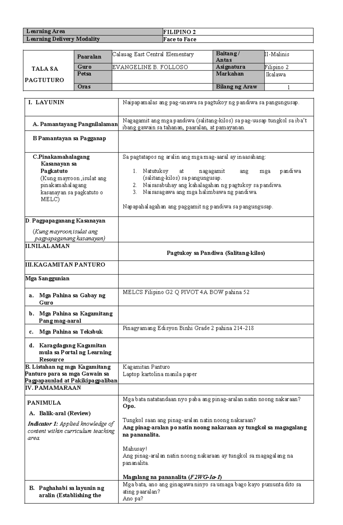 COT Filipino Q2 WEEK edited - Learning Area FILIPINO 2 Learning ...