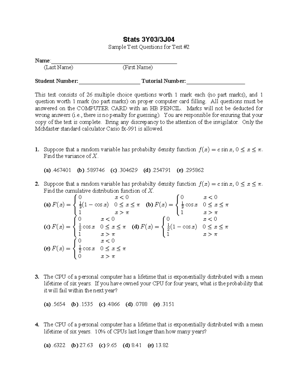 Sample Test Midterm 2 - Stats 3Y03/3J Sample Test Questions for Test ...