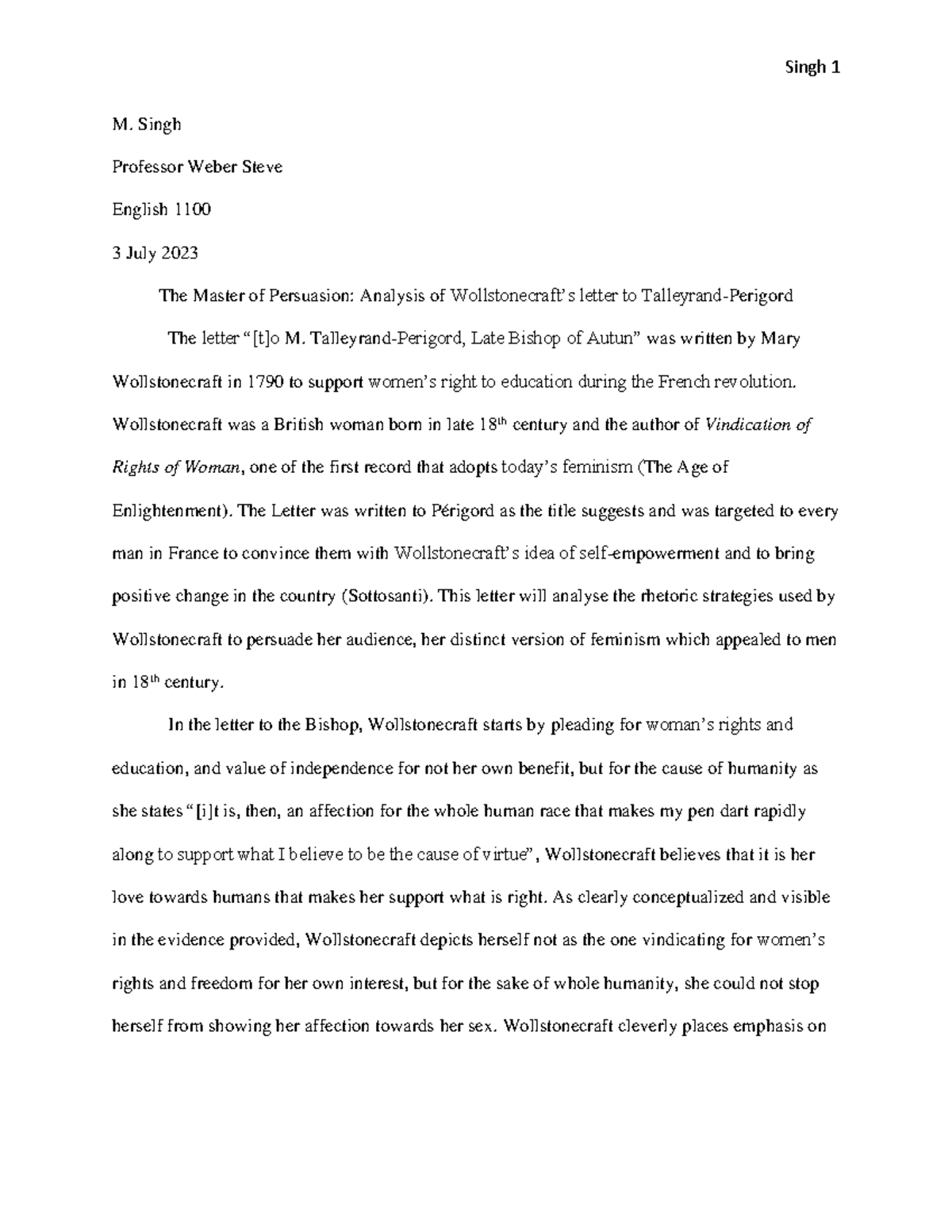 Final draft essay - M. Singh Professor Weber Steve English 1100 3 July ...