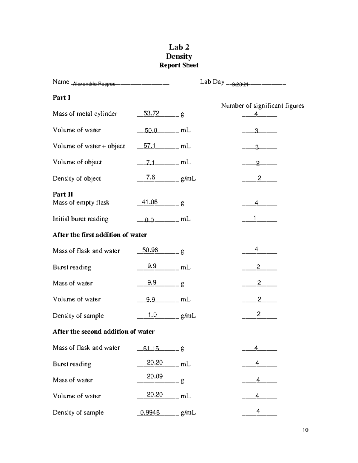 Lab 2 Density - 10 Lab 2 Density Report Sheet Name ...