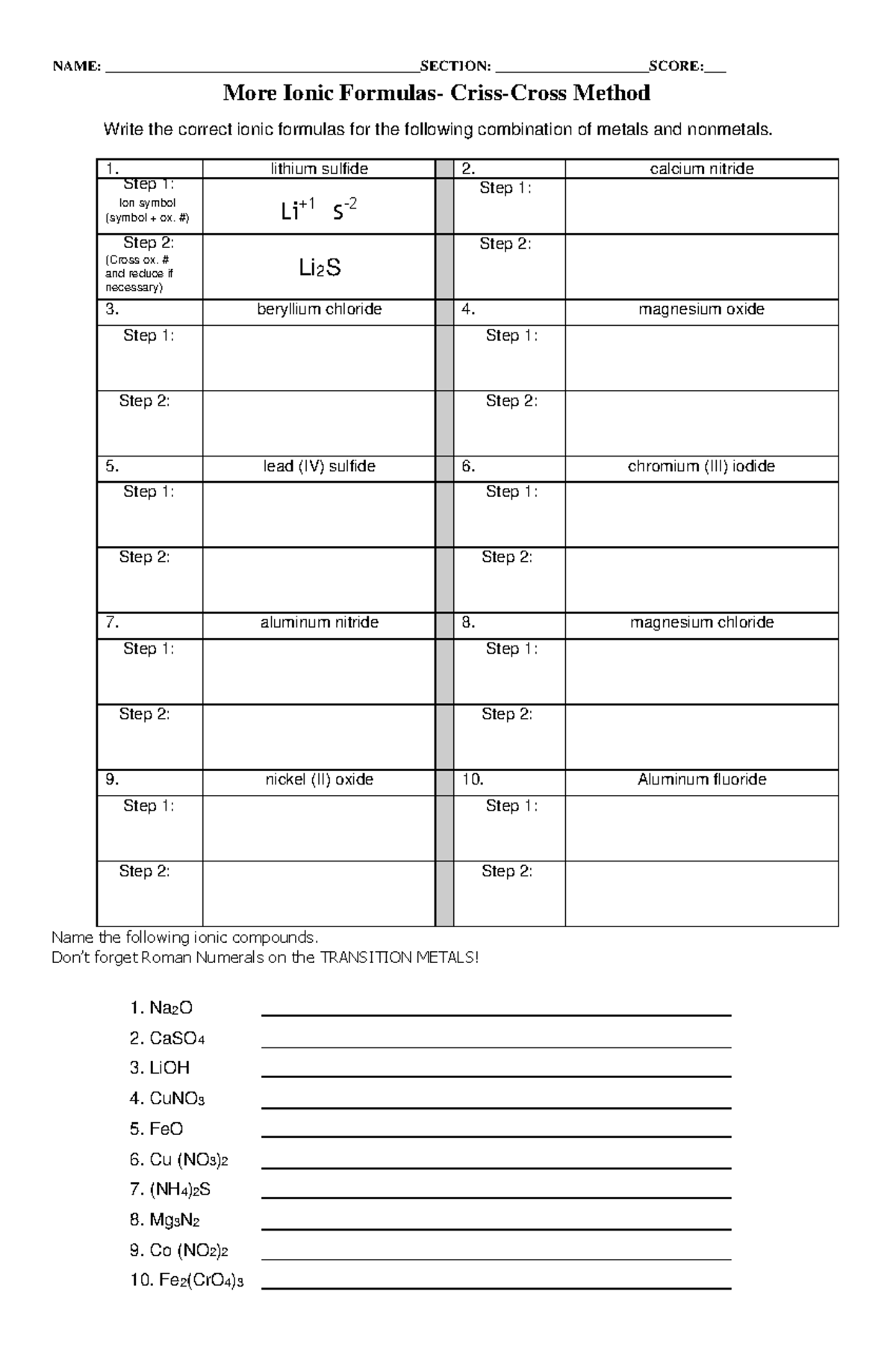 Ionic Formulas Criss Cross Method - NAME ...