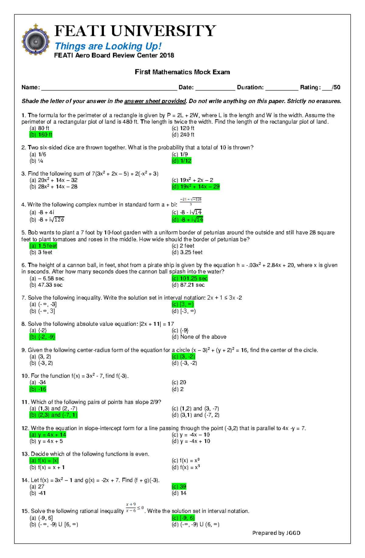 First Mock Exam Mathematics Answer Key - Prepared by JGGD FEATI ...