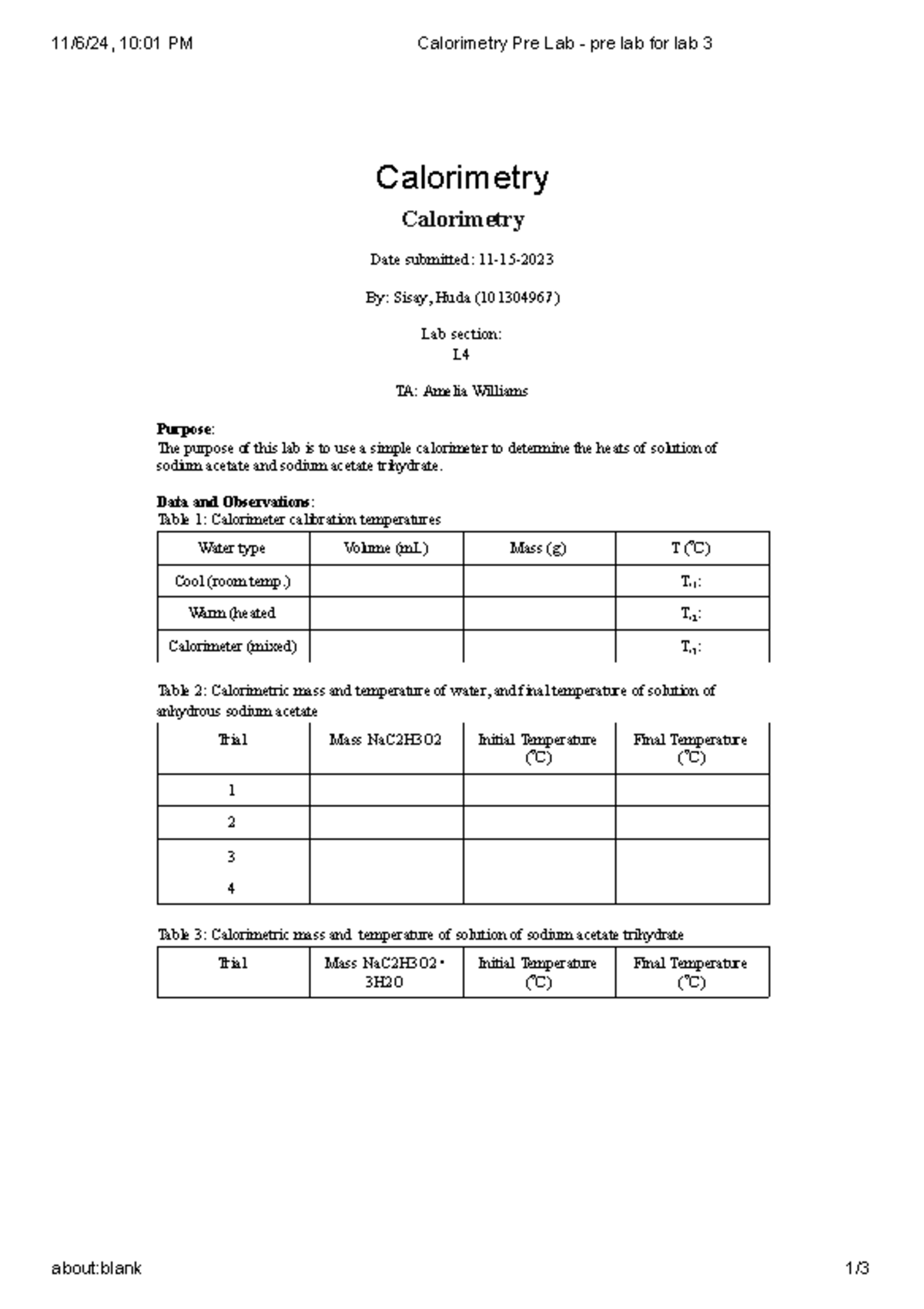 Calorimetry Pre Lab - pre lab for lab 3 - Calorimetry Calorimetry Date ...