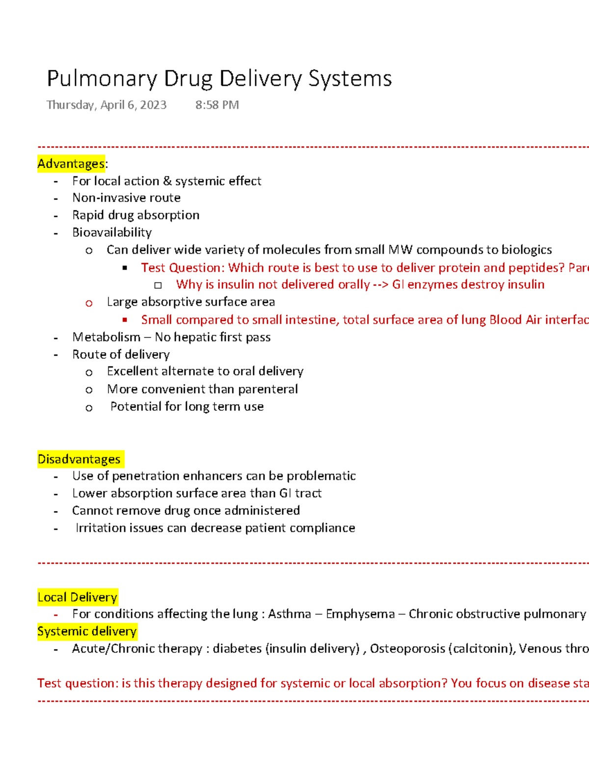 Pulmonary Drug Delivery Systems - Advantages: For local action ...