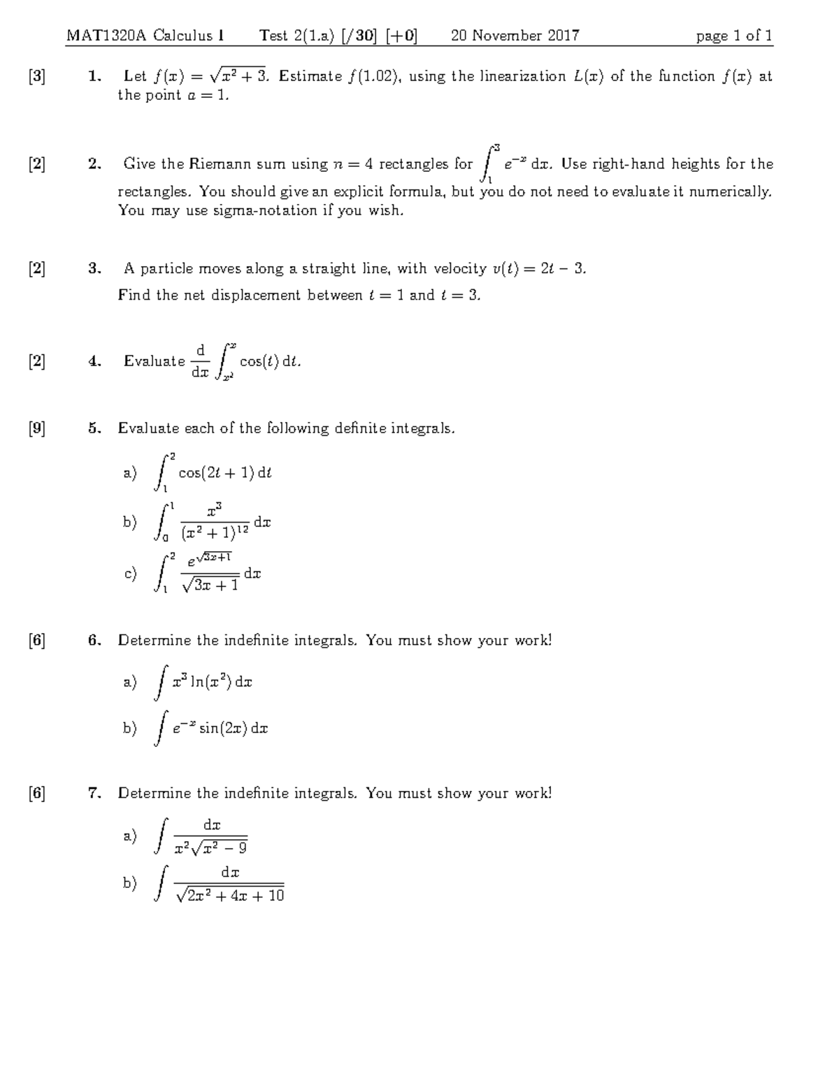 Calc sample midterm - 2017 q - MAT1320A Calculus I Test 2(1) [/30] [+0 ...