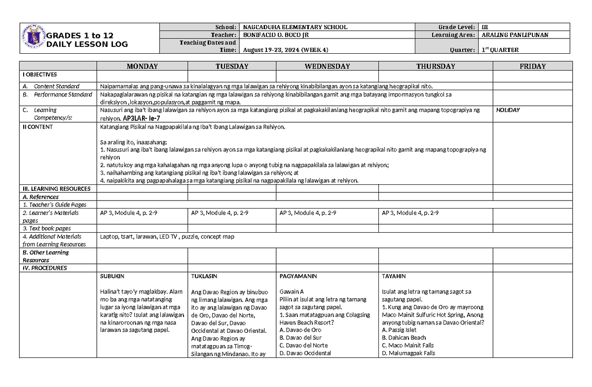 DLL Araling Panlipunan 3 Q1 W4 - GRADES 1 to 12 DAILY LESSON LOG School ...