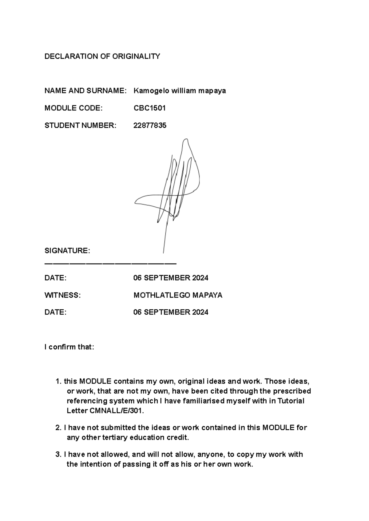 cbc1501-assignment 2 - DECLARATION OF ORIGINALITY NAME AND SURNAME ...