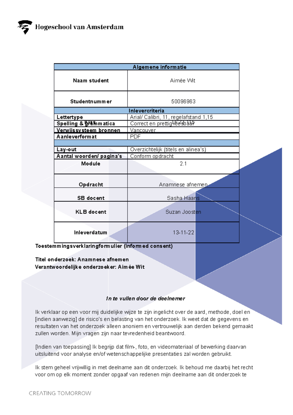 Anamnese afnemen - niet van toepassing ...