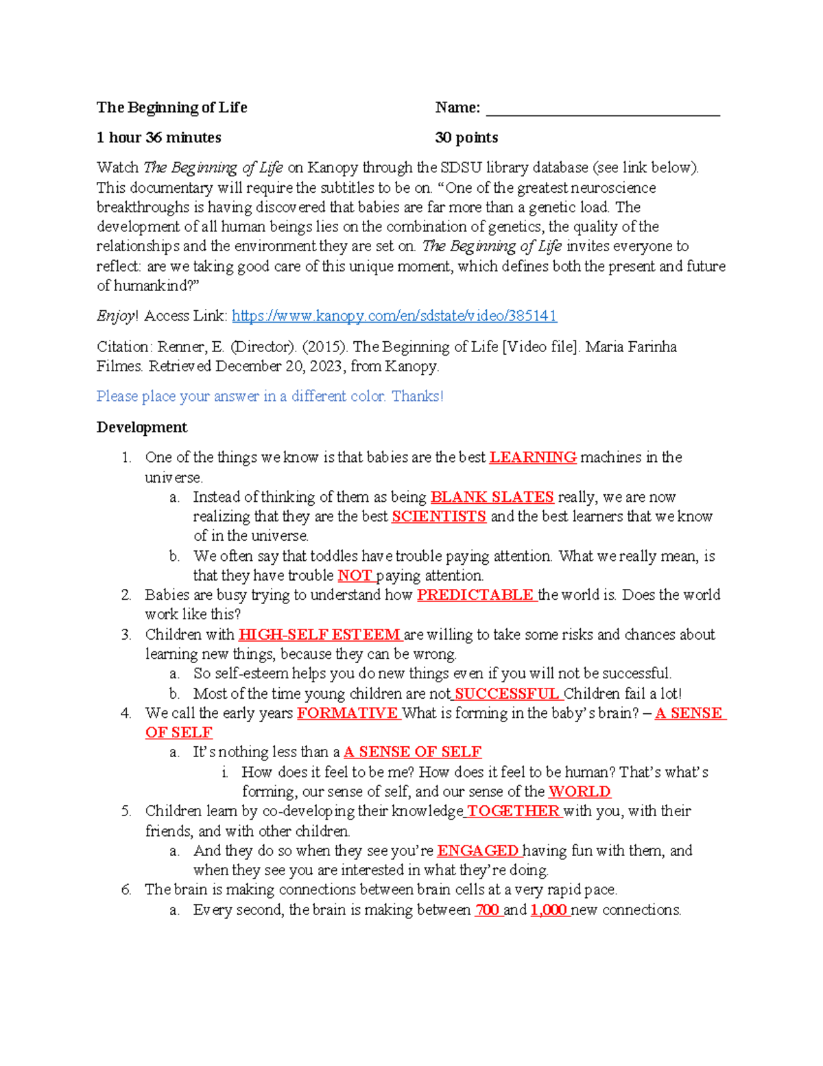 The Beginning of Life - Worksheet given too fill out when watching ...