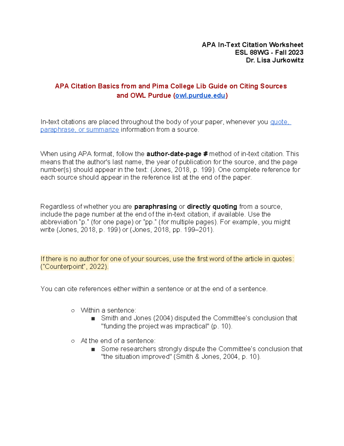 APA In-Text Citations Tips for ESL 88WG - APA In-Text Citation ...