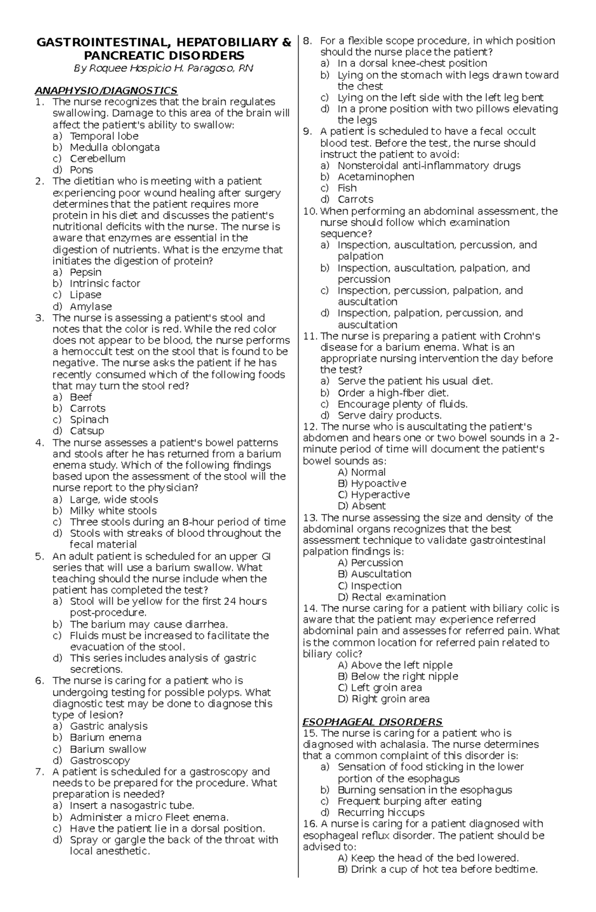 GI Disorders - exam - GASTROINTESTINAL, HEPATOBILIARY & PANCREATIC ...