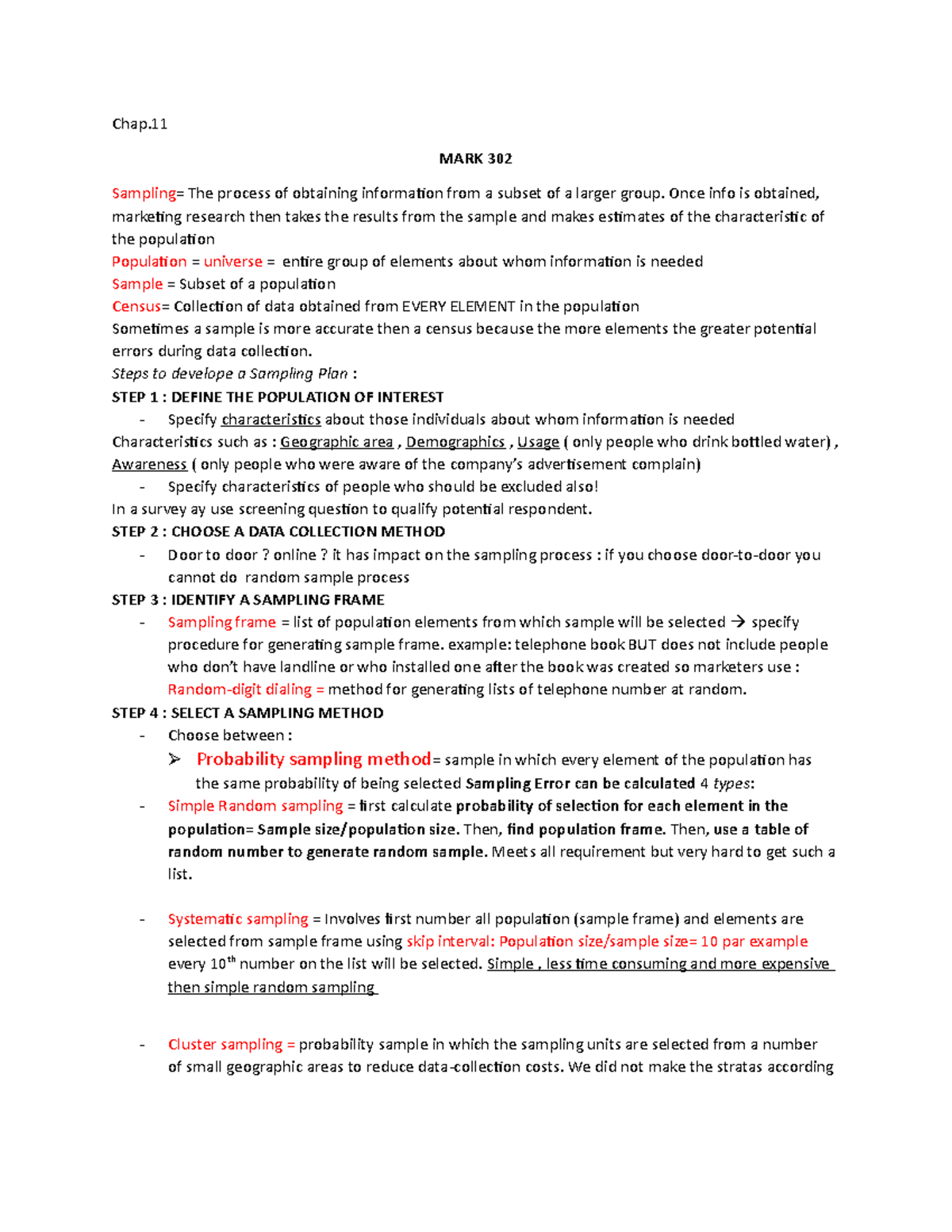 Chap-11-STEP-6 - mark 302 notes - Chap. MARK 302 Sampling= The process ...