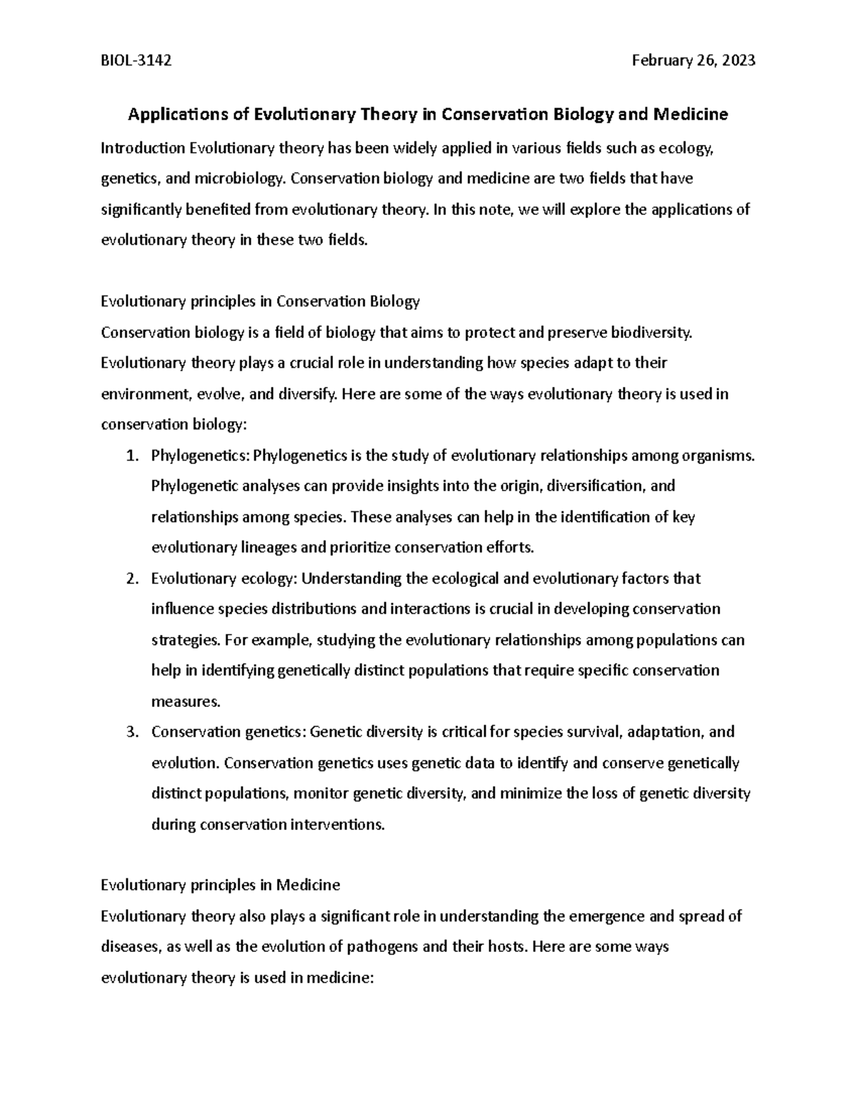 Applications of Evolutionary Theory in Conservation Biology and Medicine - BIOL-3142 February 26 ...