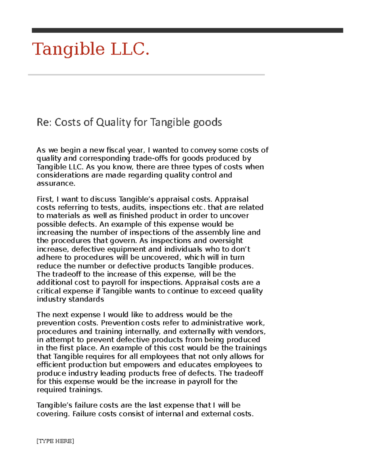 Costs of Quality Memo - Task 1 - Tangible LLC. Re: Costs of Quality for ...