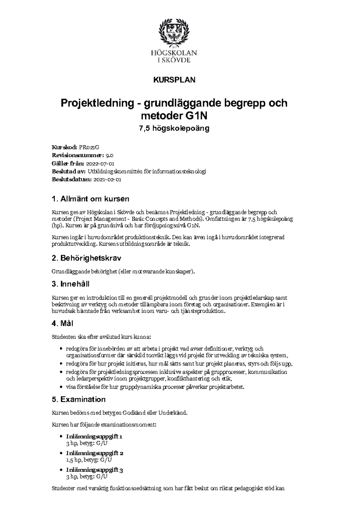 Kursplan PR021G - KURSPLAN Projektledning - grundläggande begrepp och ...