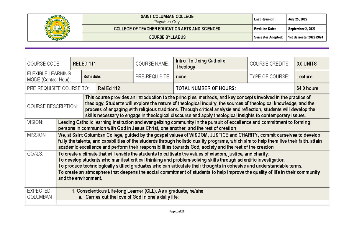Revised Rel Ed 111 Syllabus - Pagadian City Last Revision: July 25 ...