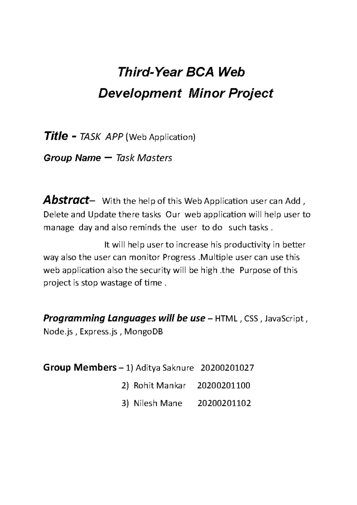 Abstract - Third-Year BCA Web Development Minor Project Title - TASK ...