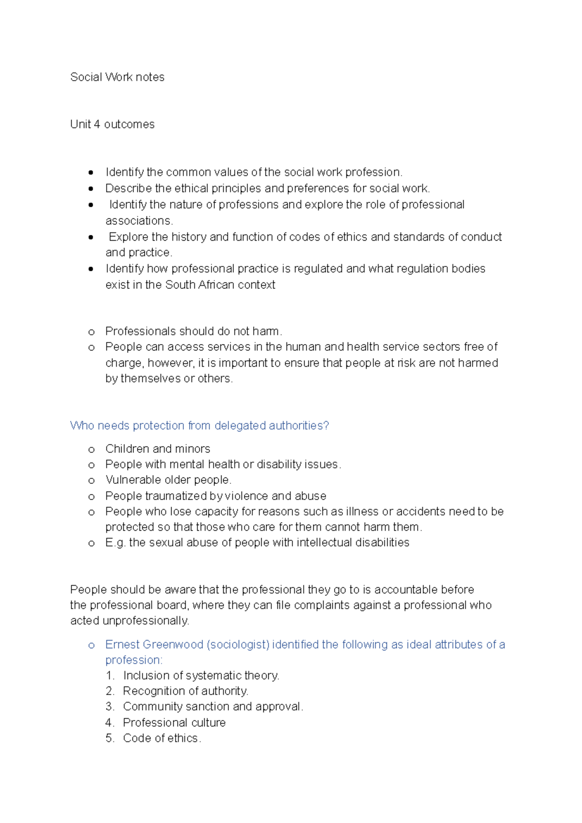 Social Work notes - Social Work notes Unit 4 outcomes - Identify the ...