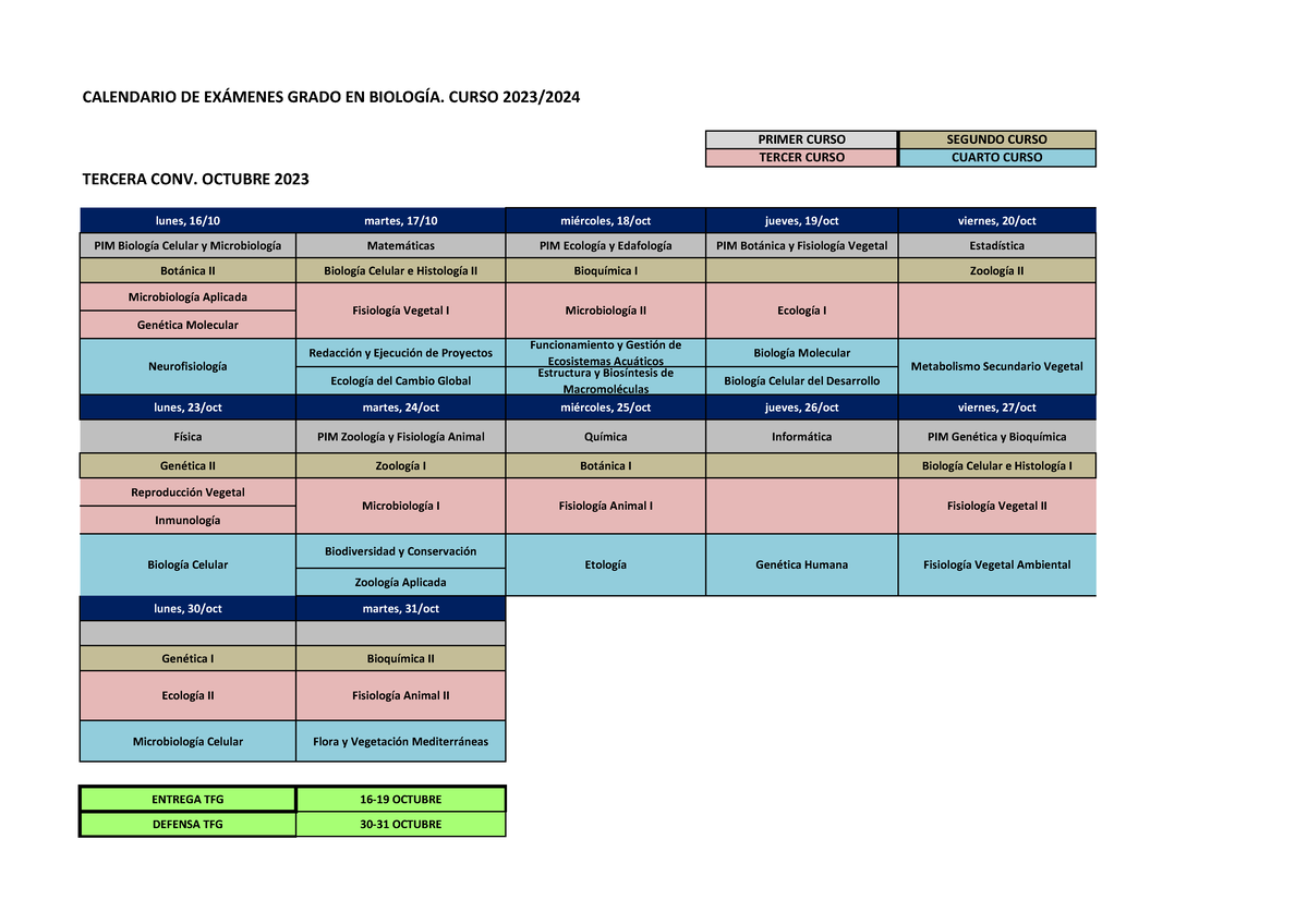 Calendario examenes Biologia 06072023 - CALENDARIO DE EX¡MENES GRADO EN ...