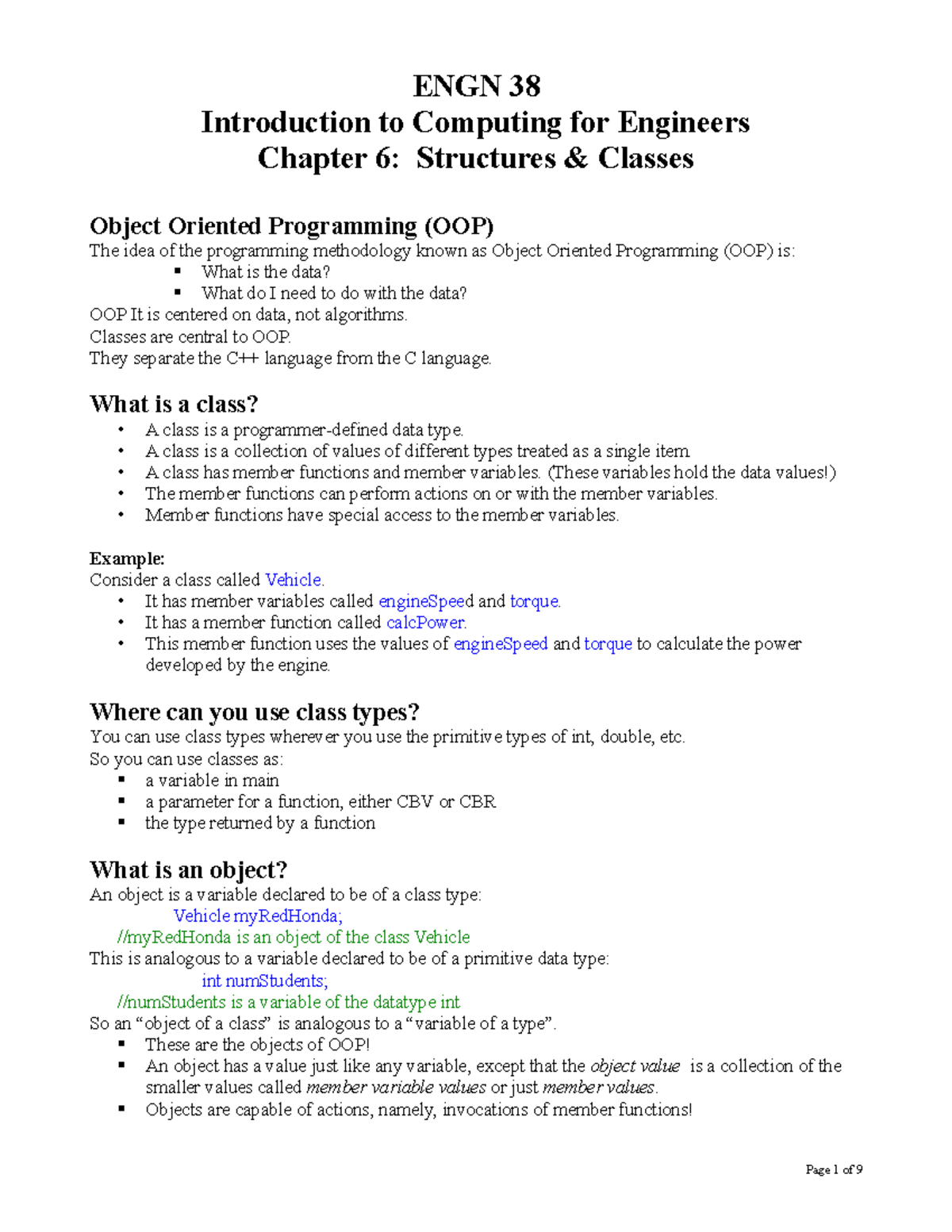 Classes Summary Wendy Kaufmyn Engn 38 Introduction To Computing For Engineers Chapter 6